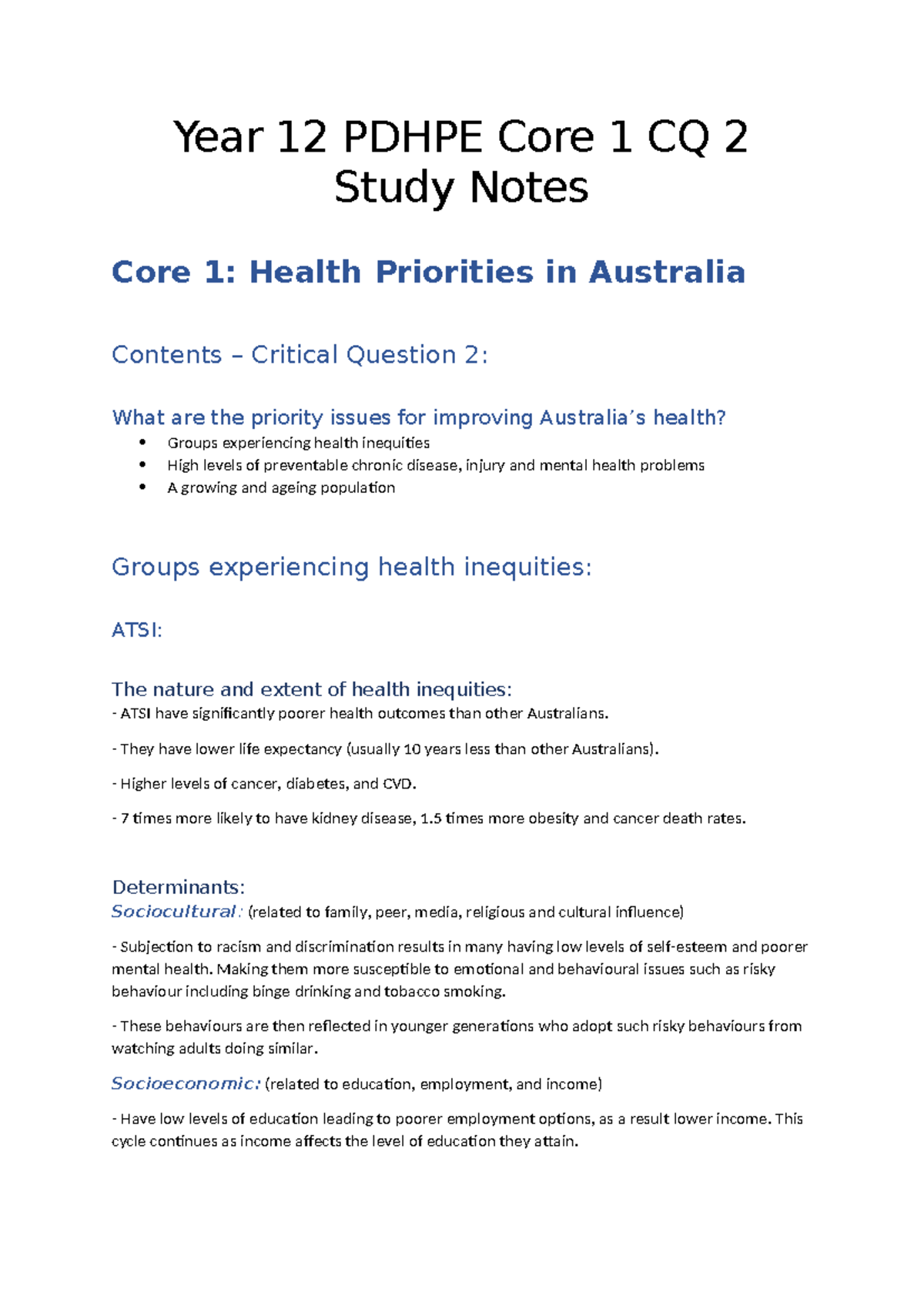 Year 12 PDHPE Core 1 CQ 2 Study Notes: Health Priorities in Australia ...