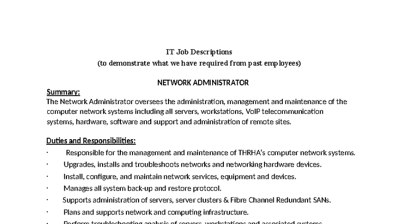 IT Job Descriptions: Network Administrator & IT Technician Roles - Studocu