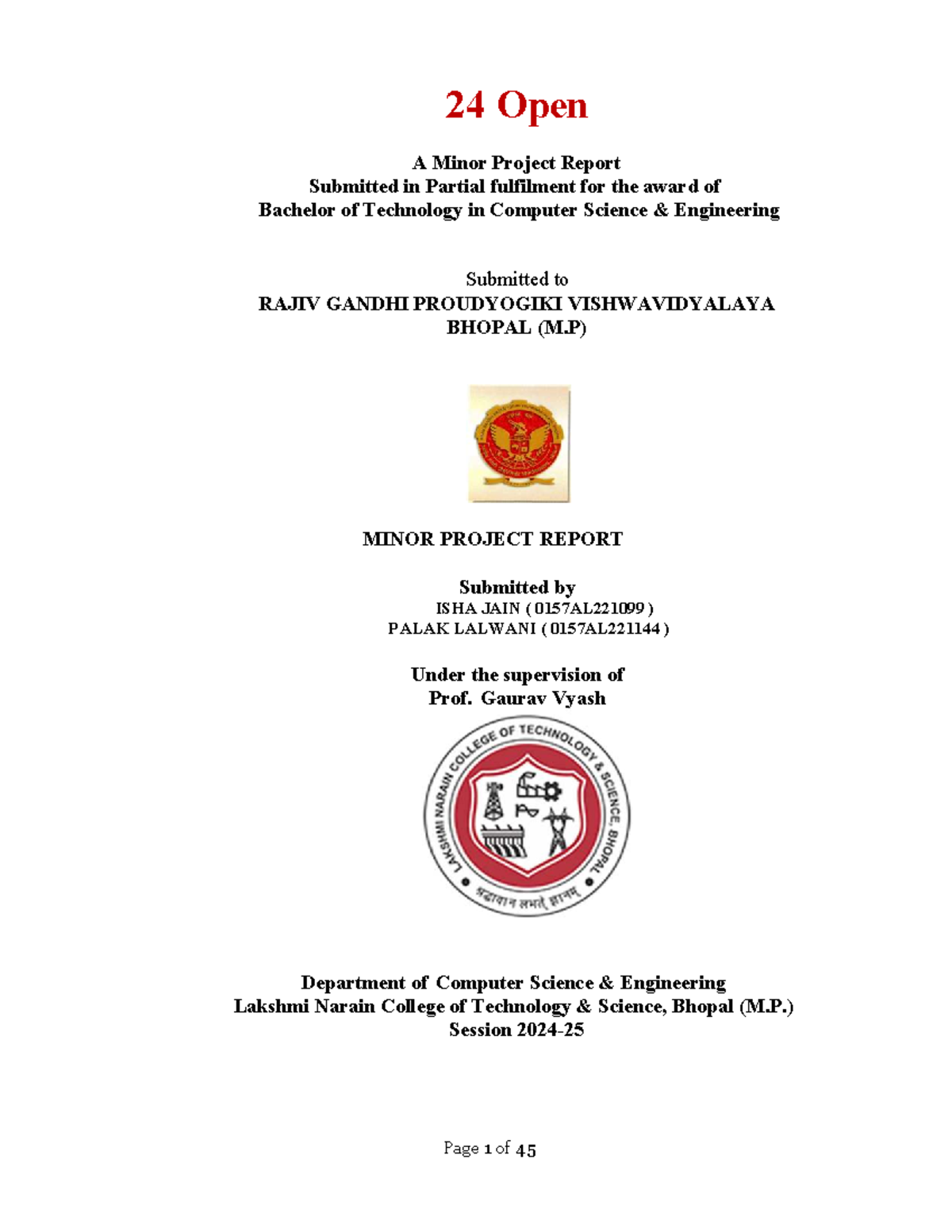 24 Open Minor Project Report - Bachelor of Technology in CSE - Studocu