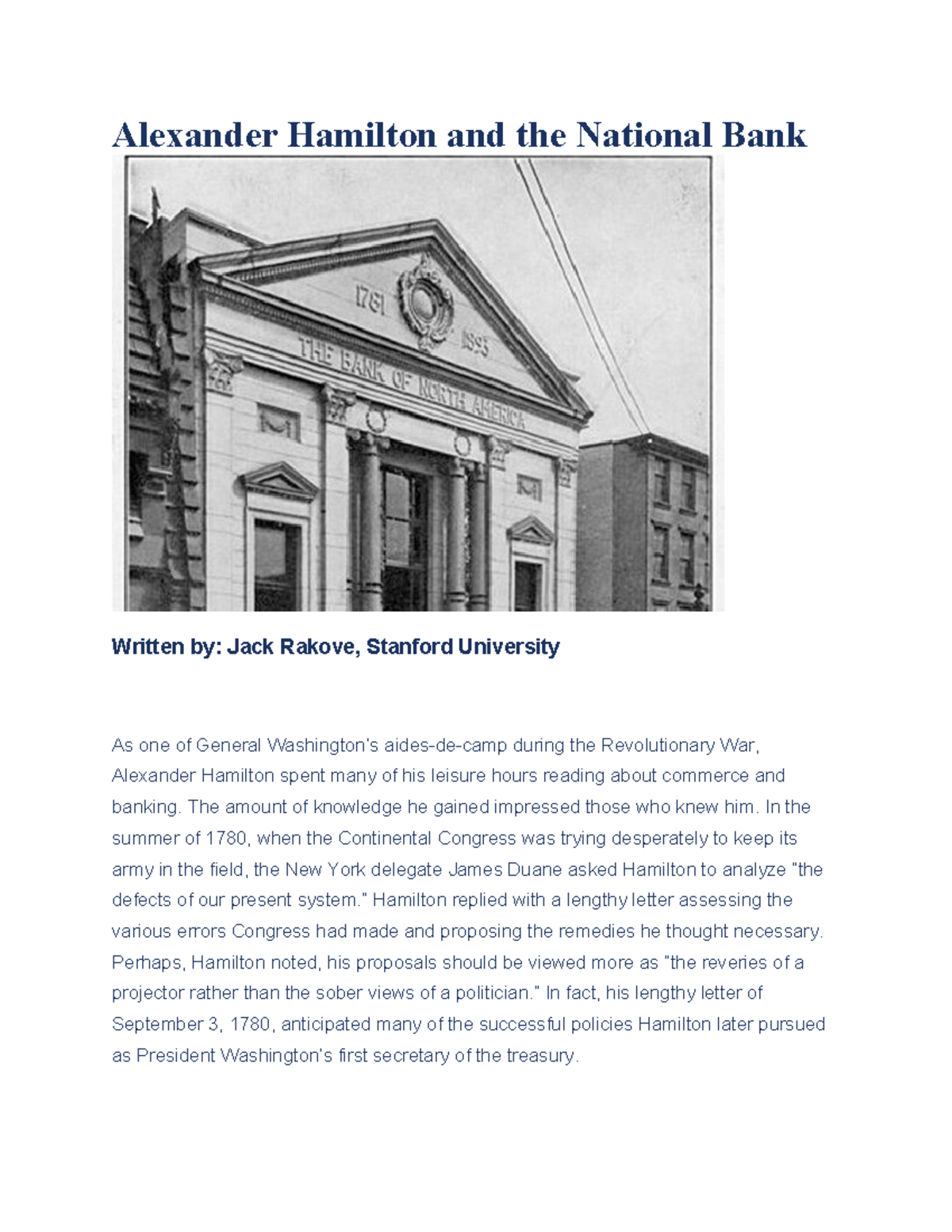 Hamilton vs. Jefferson: The National Bank Debate (HIST 101) - Studocu