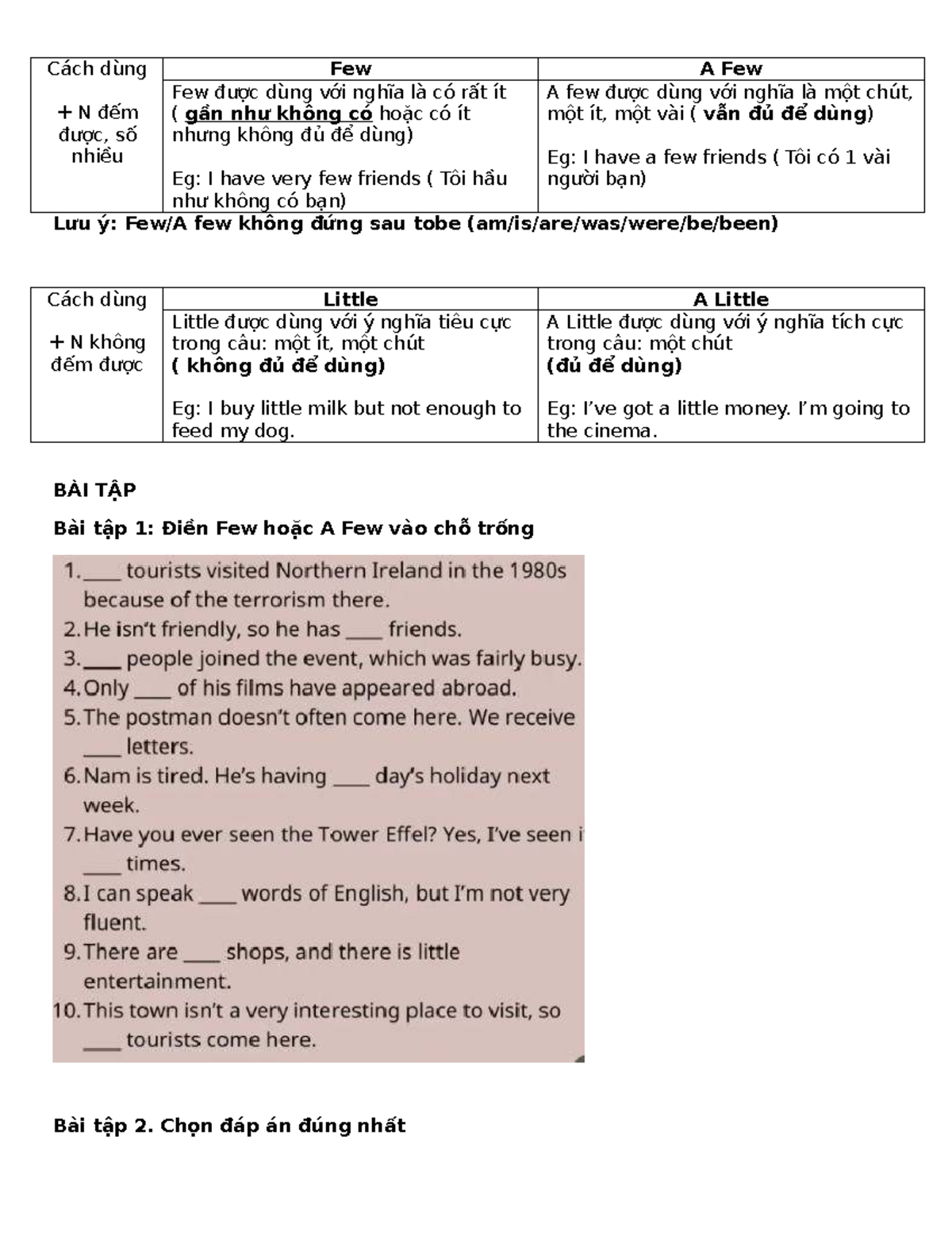 A Few vs. A Little - Practice Exercises for Usage - Studocu