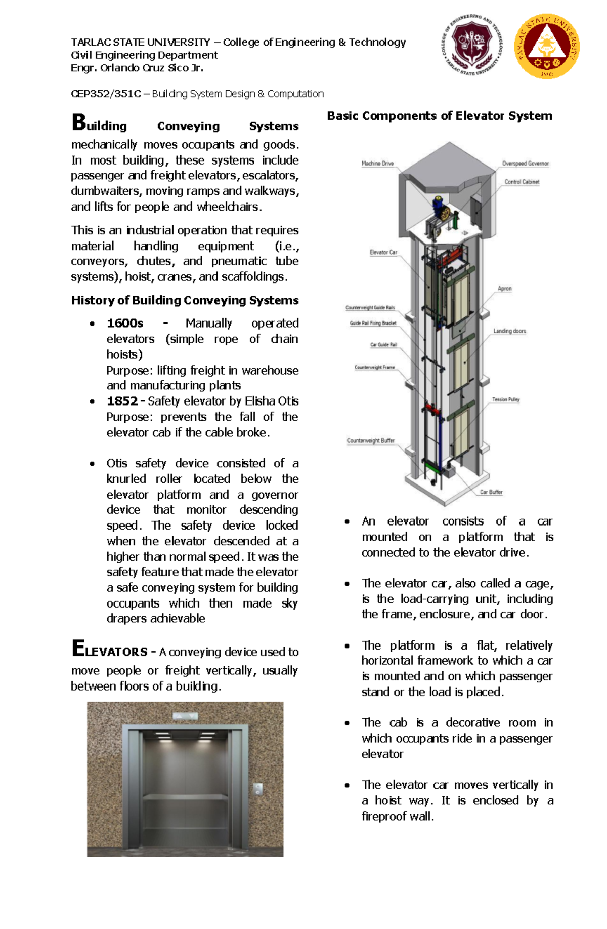 CEP352/351C Building Conveying Systems - Overview & Types - Studocu