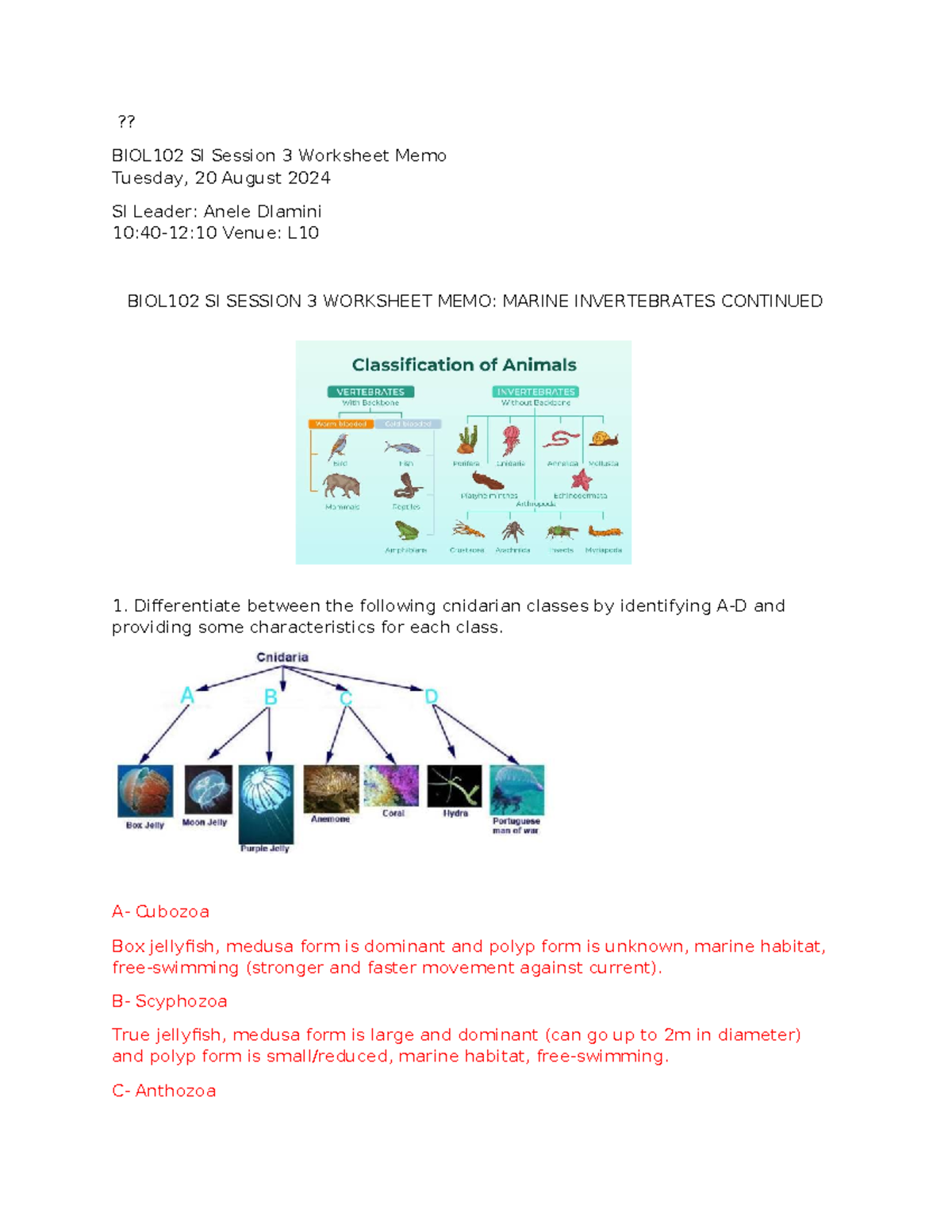BIOL102 SI Session 3 Worksheet Memo: Marine Invertebrates Overview ...