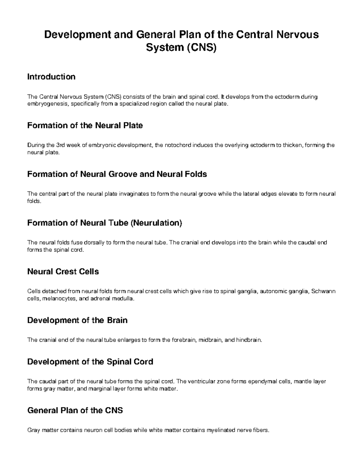 CNS Development: Formation and General Plan Overview - Studocu
