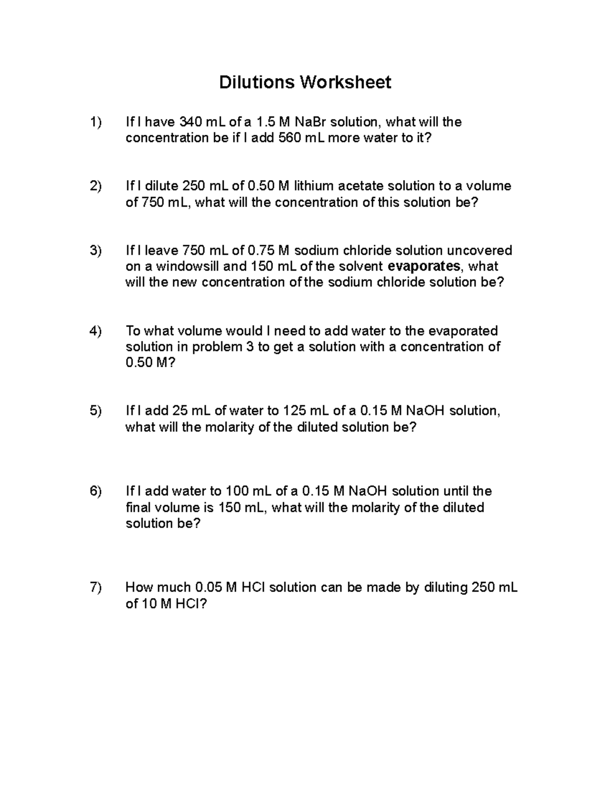 Dilutions Worksheet (Chem 101) - Practice Problems & Solutions - Studocu