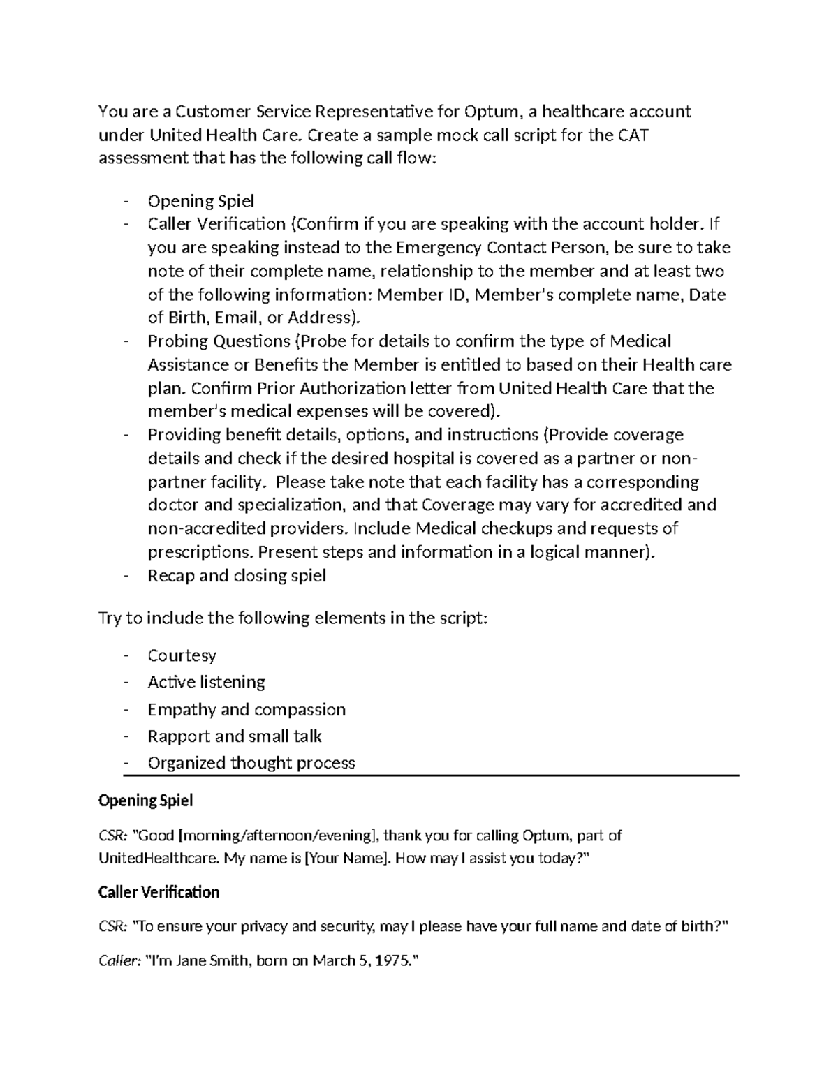 Sample Mock Call Script for CAT Assessment - Optum Customer Service ...