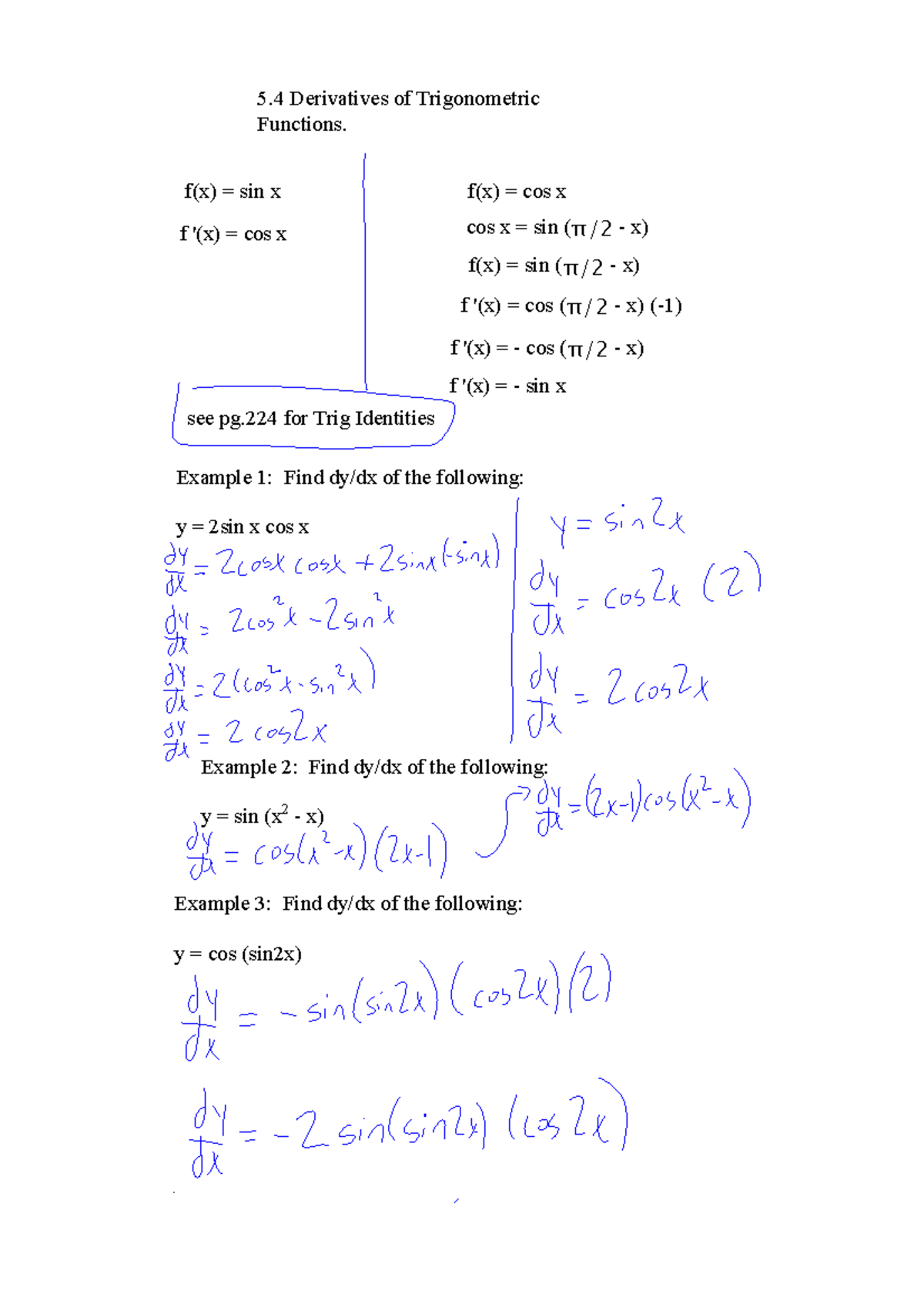 5.4 Calculus Lesson: Derivatives of Trigonometric Functions - Studocu
