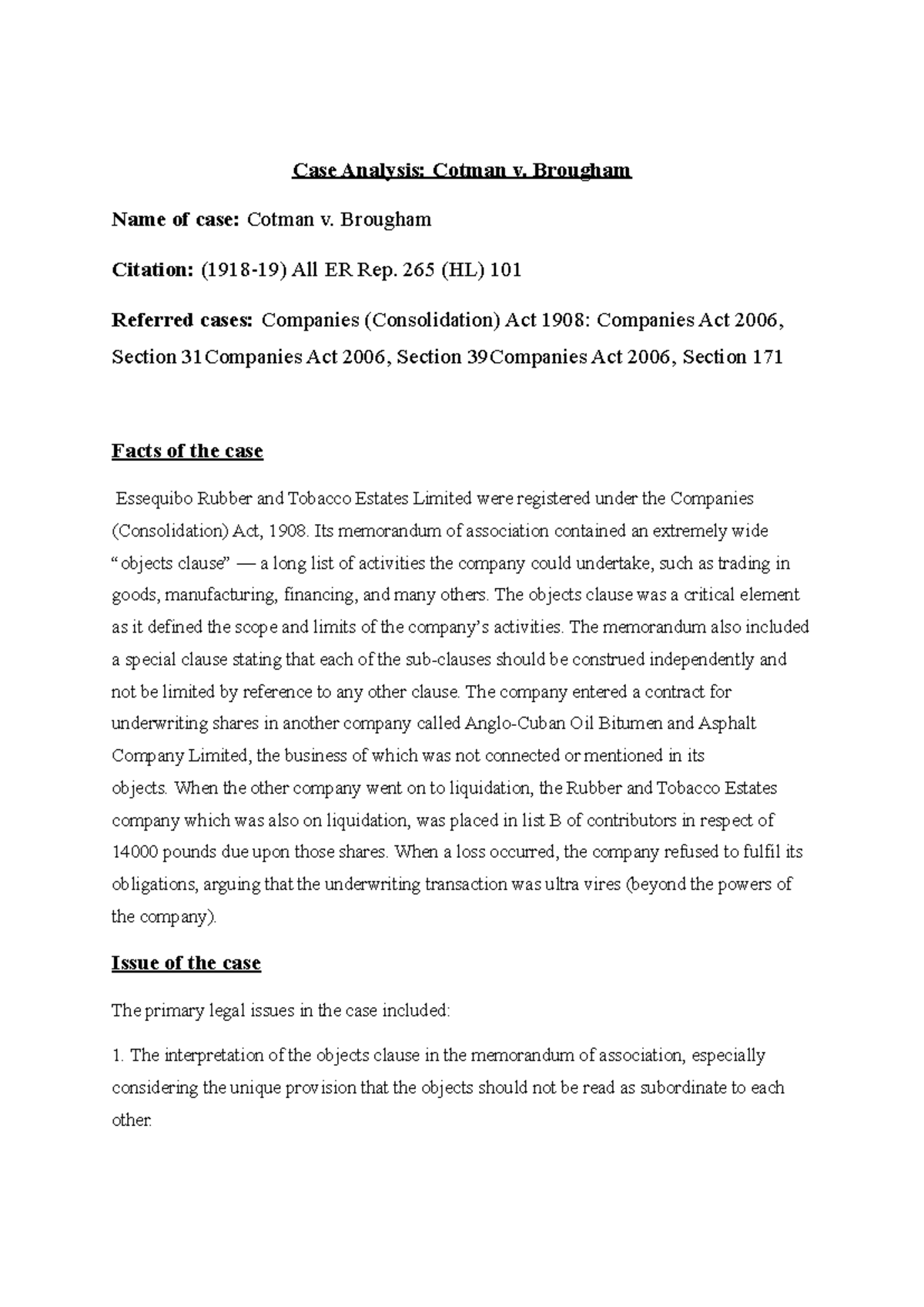 Case Analysis: Cotman v. Brougham (All ER Rep. 265) - Studocu