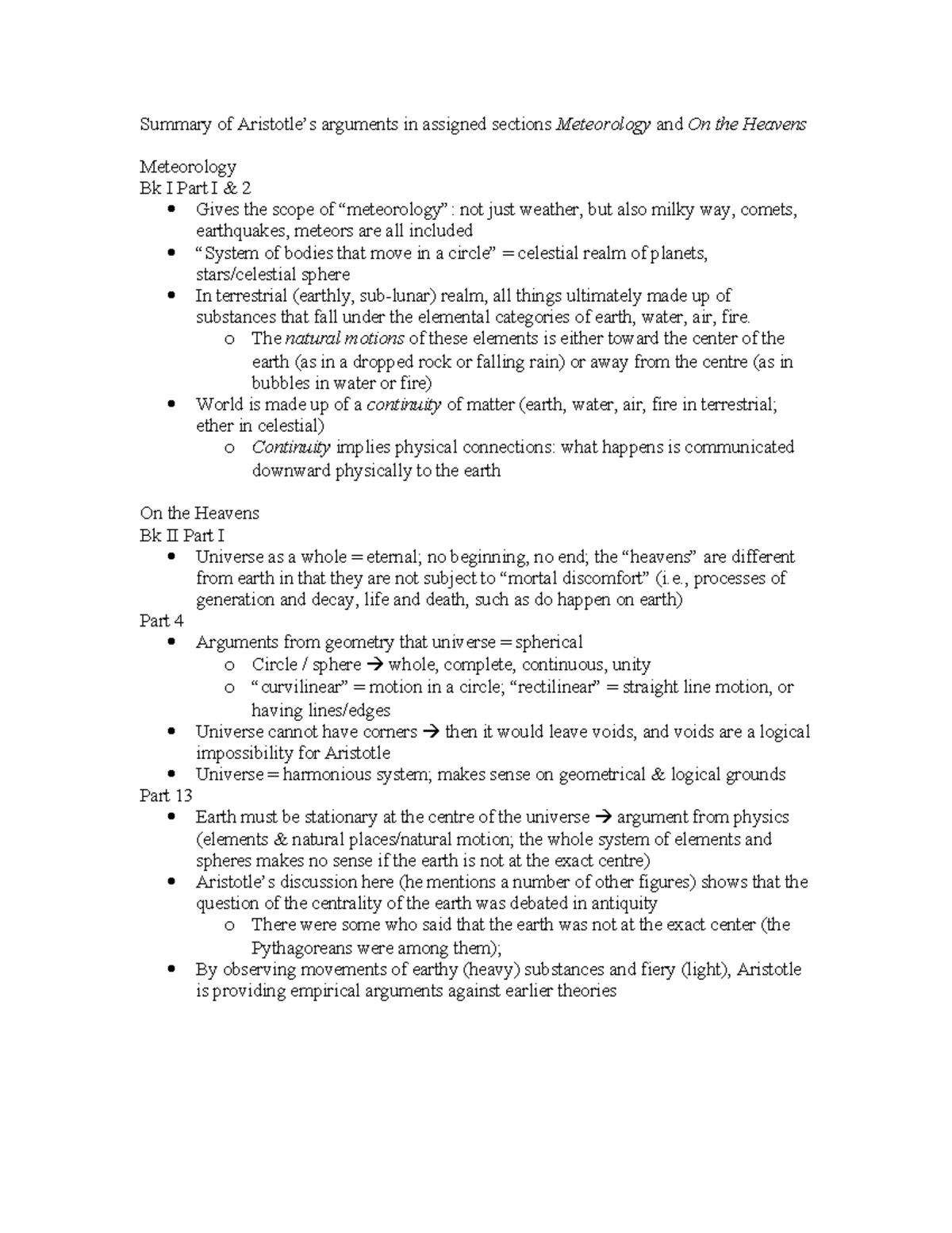 Summary of Aristotle's Arguments in Meteorology & On the Heavens (MET ...