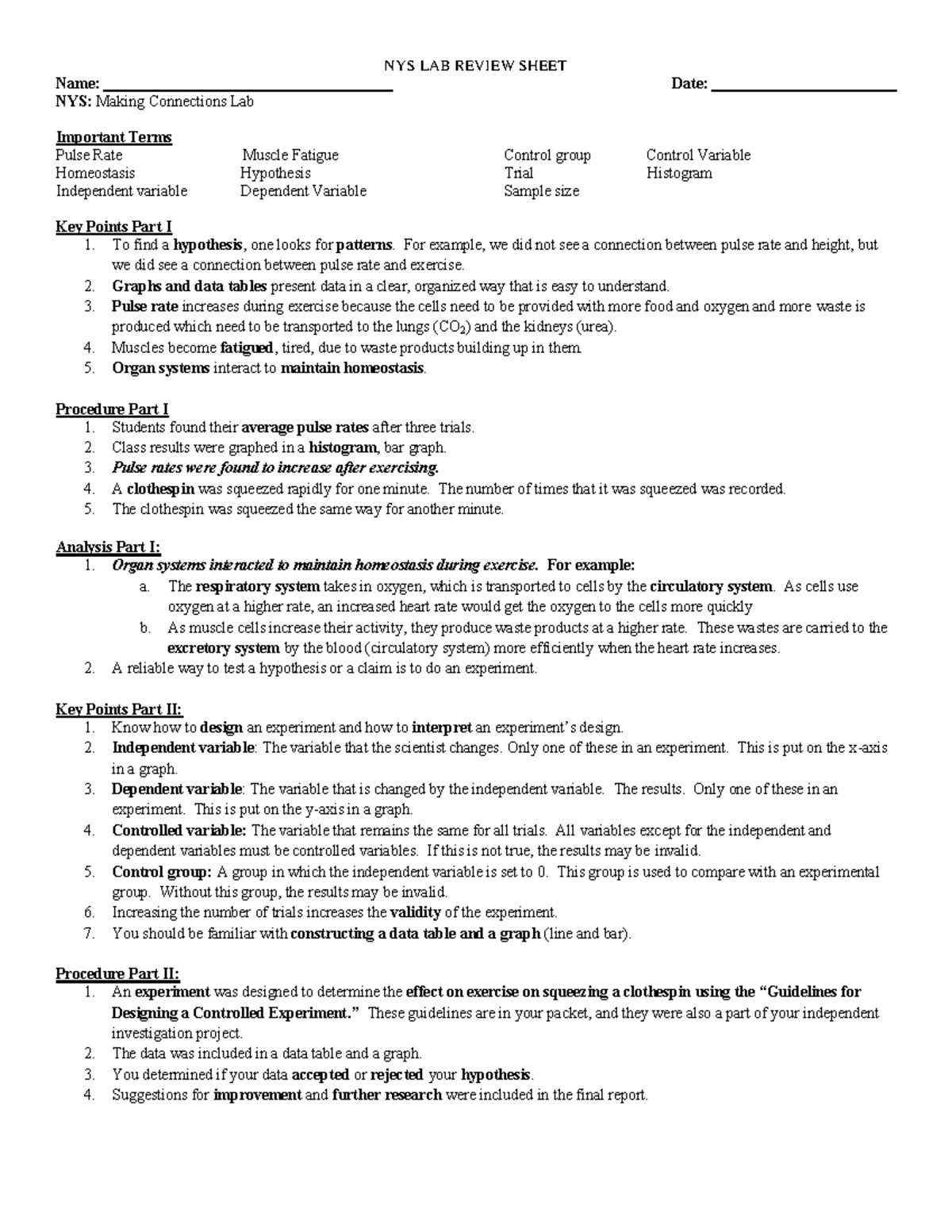NYS LAB REVIEW SHEET: Making Connections & Pulse Rate Analysis - Studocu