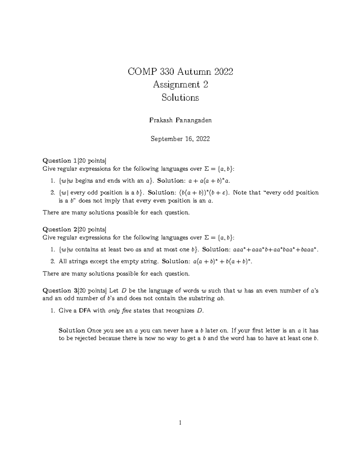 comp330-assignment 2 - COMP 330 Autumn 2022 Assignment 2 Solutions Prakash Panangaden September ...