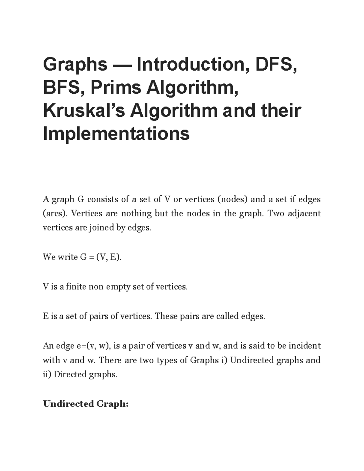 Unit 4: Graphs - Introduction to DFS, BFS, and Prim's Algorithm - Studocu