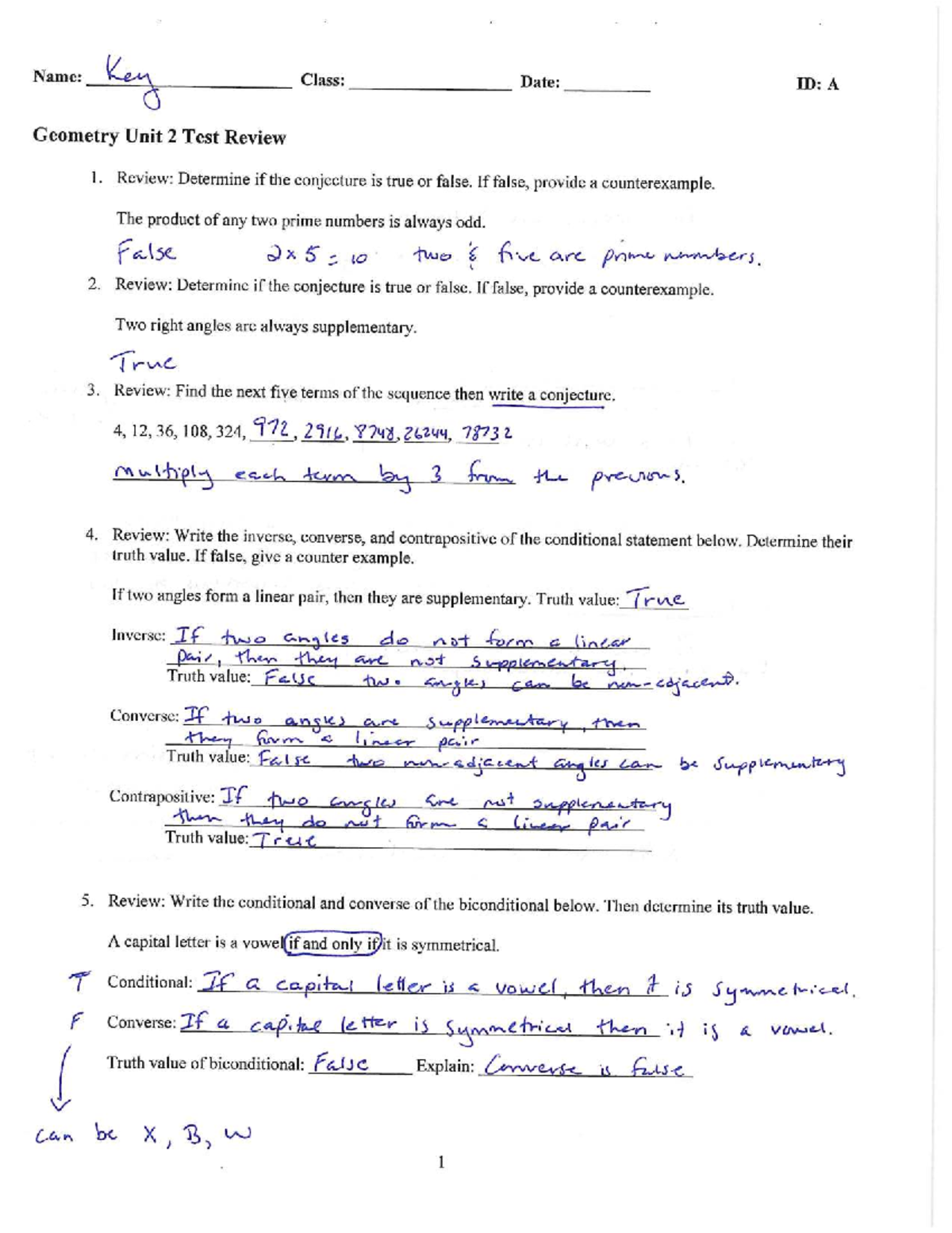 Geometry Unit 2 Test Review Key: True/False Conjectures & Sequences ...