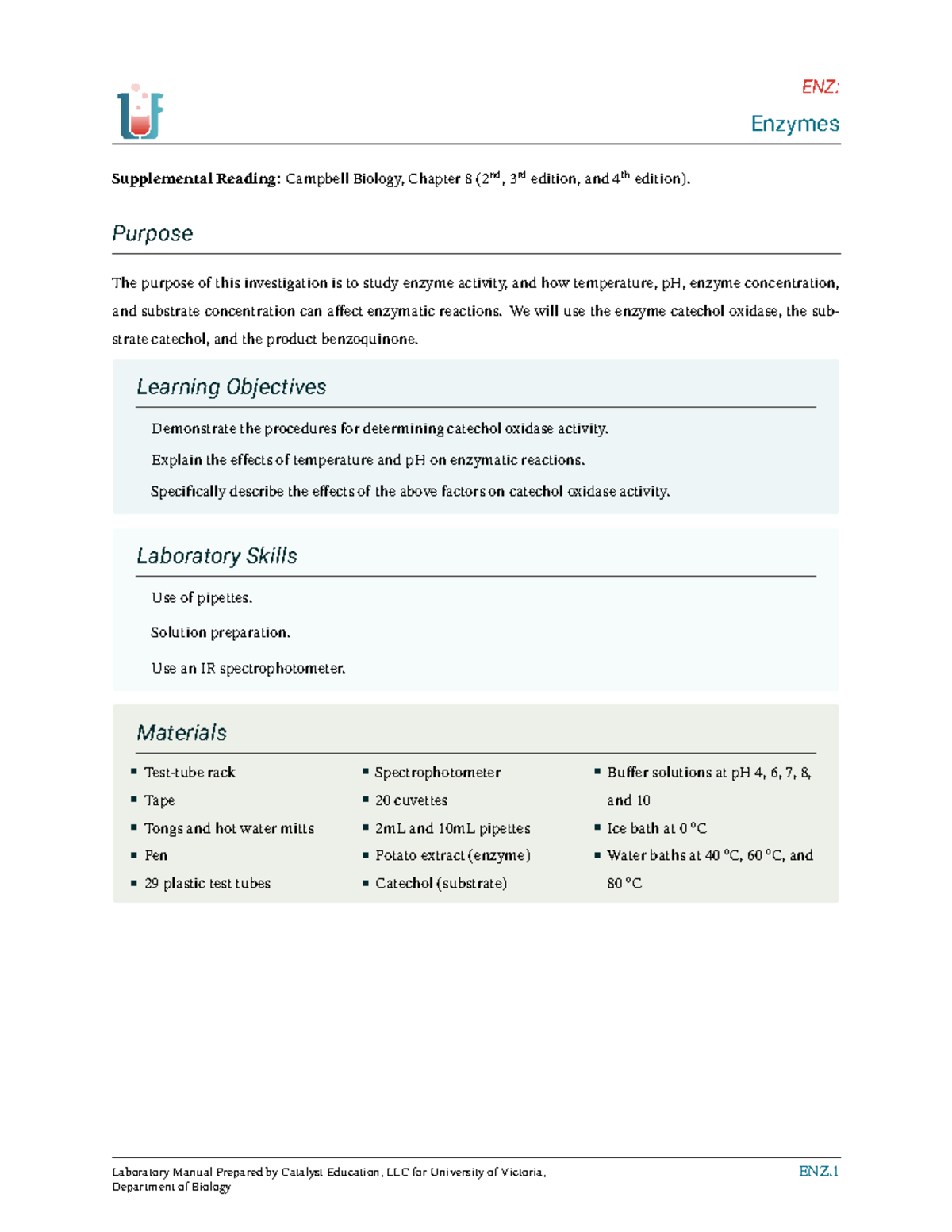ENZ: Enzyme Activity Lab Manual - Effects of pH, Temp, & Substrate ...