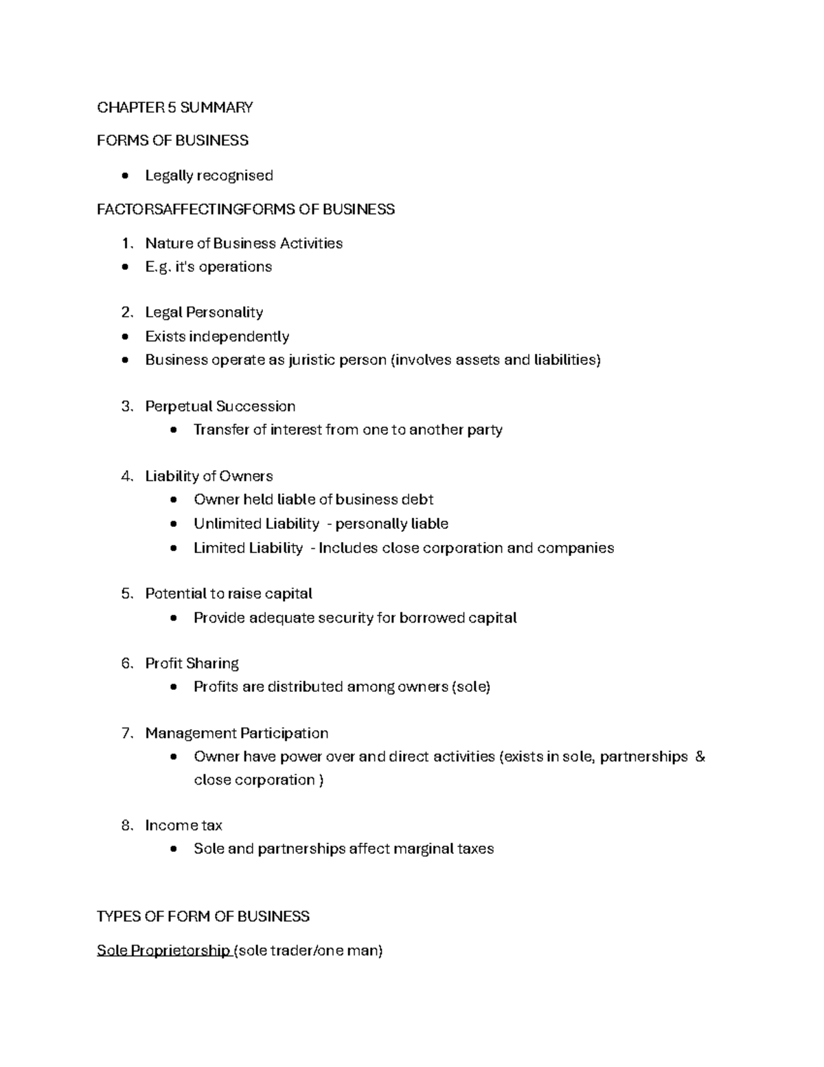 EB121 Chapter 5: Forms of Business Overview and Summary - Studocu