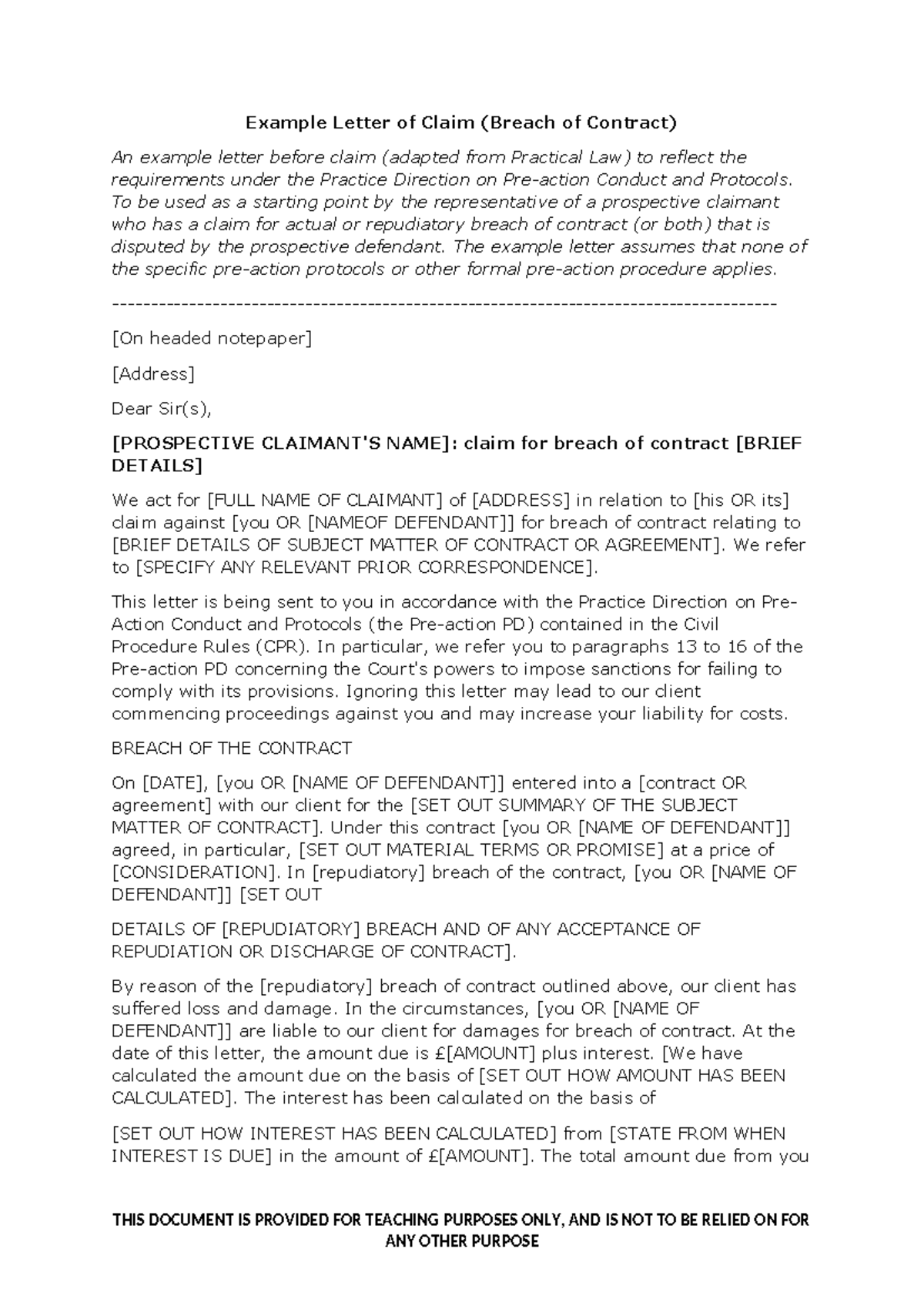 Lecture 6: Example Letter of Claim for Breach of Contract - Studocu