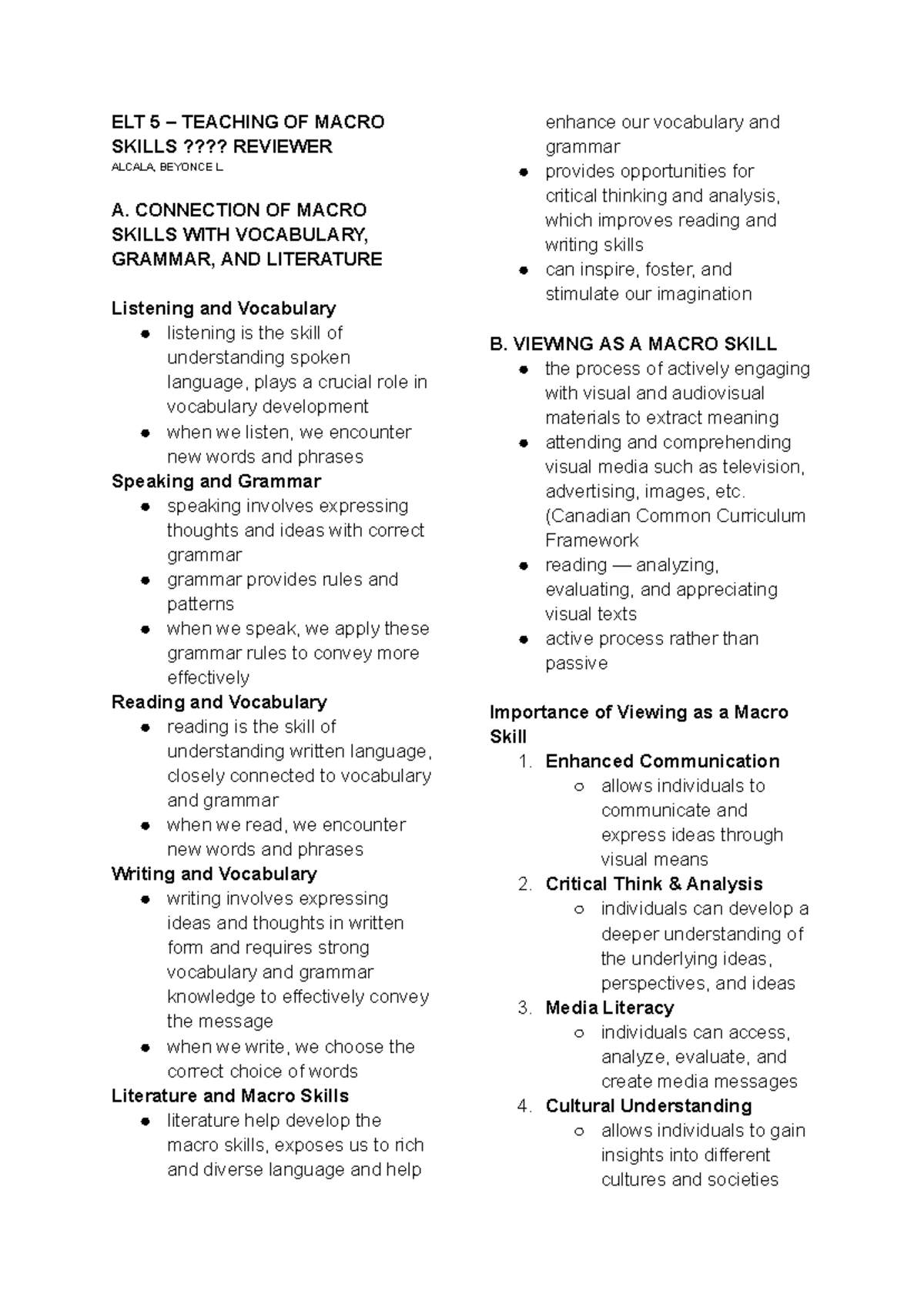 ELT-5 Teaching of Macro Skills: A Comprehensive Reviewer Guide - Studocu