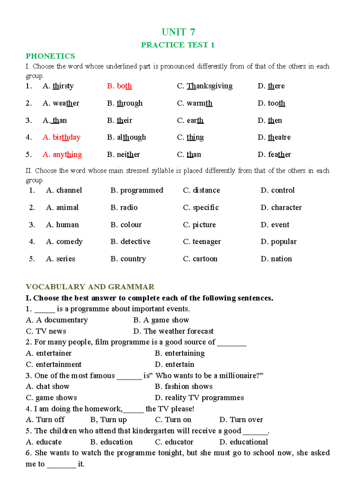 UNIT 7 TEST 1 - Practice Exercises and Phonetics Analysis - Studocu