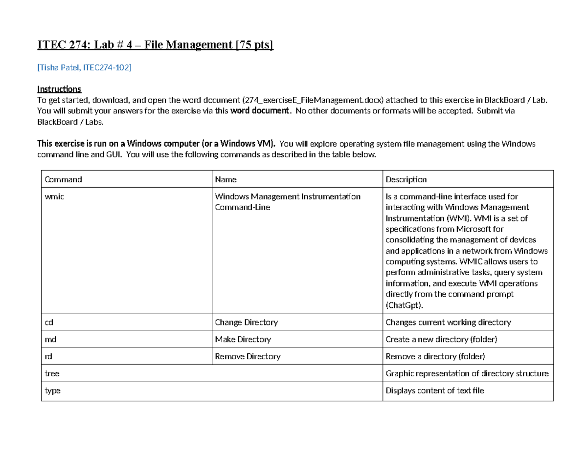 ITEC 274 Lab 4 File Management - ITEC 274: Lab # 4 – File Management [75 pts] [Tisha Patel ...