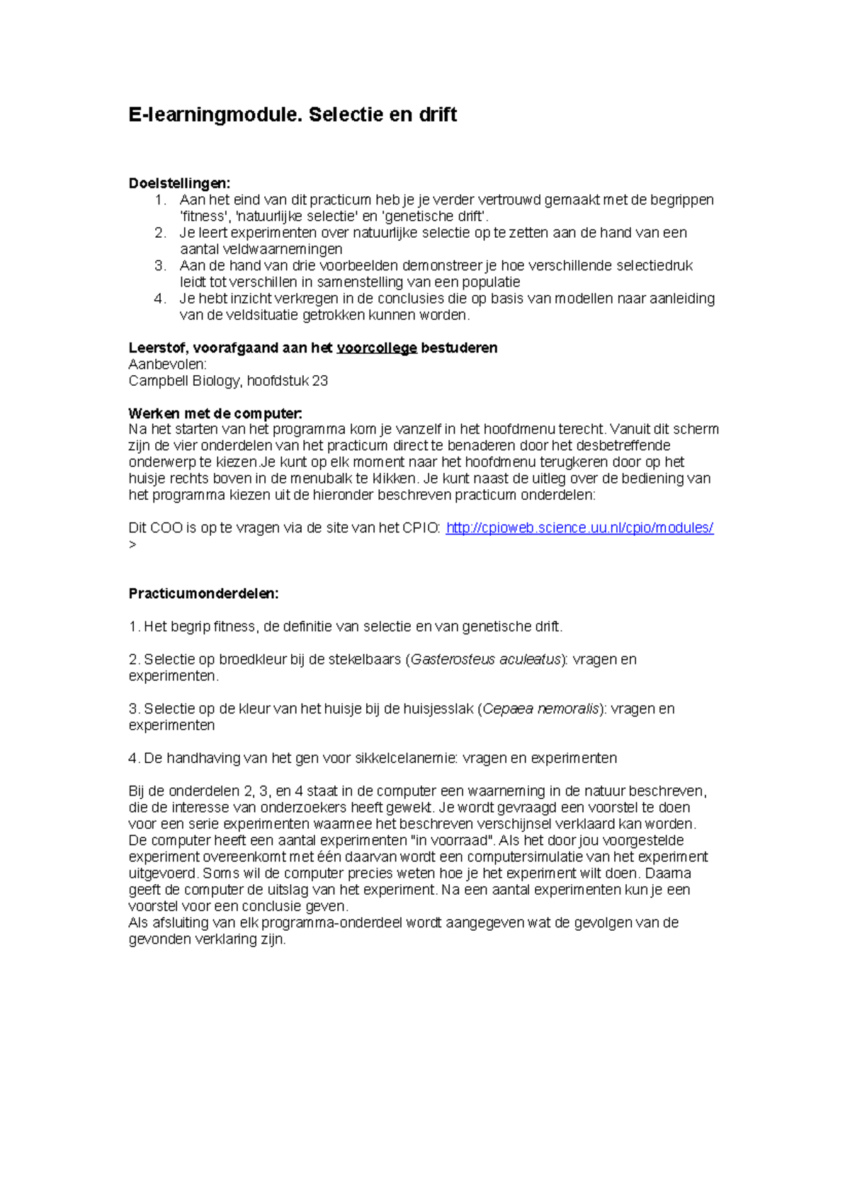 E-learning Module: Natuurlijke Selectie en Genetische Drift - Studeersnel