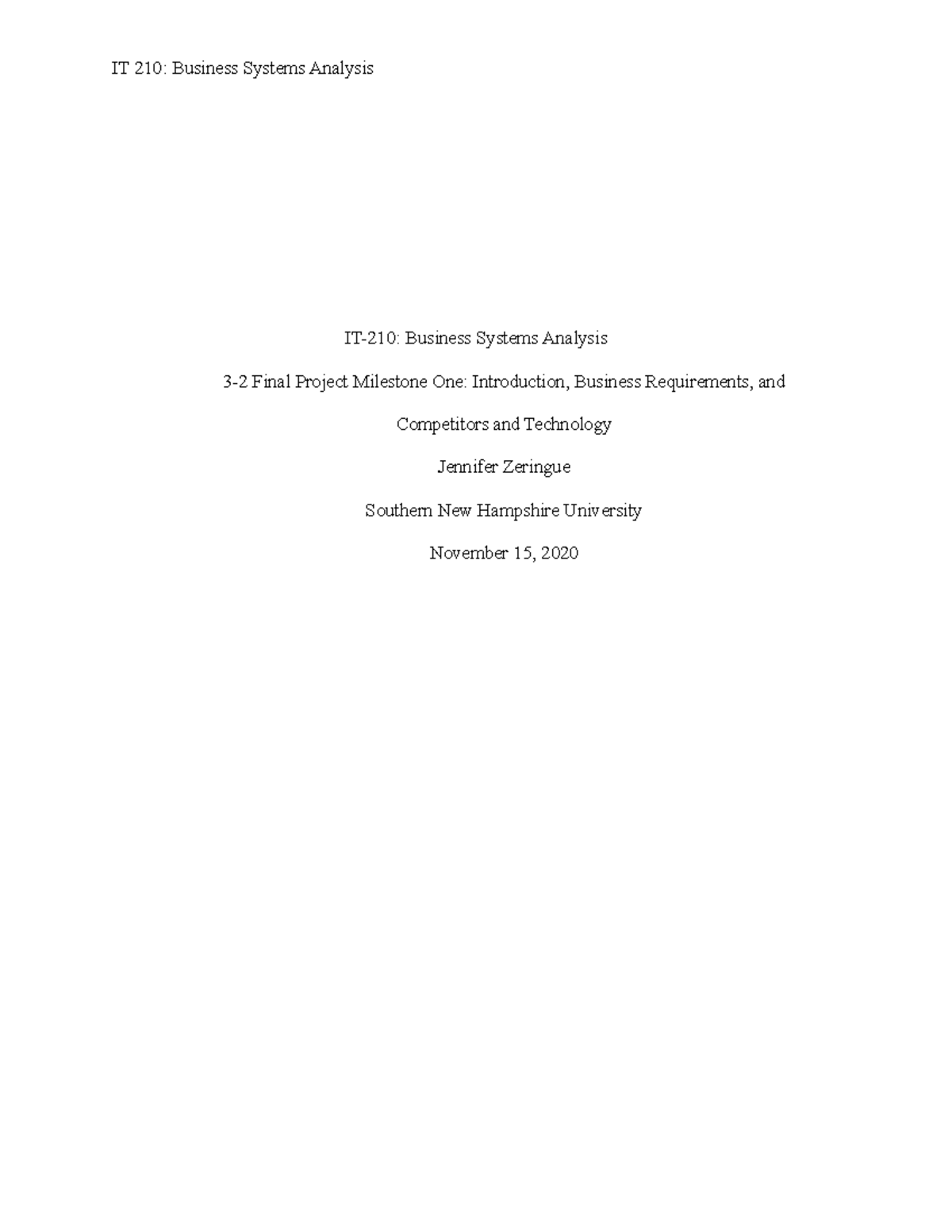 IT 210 Final Project: Business Systems Analysis and Technology ...