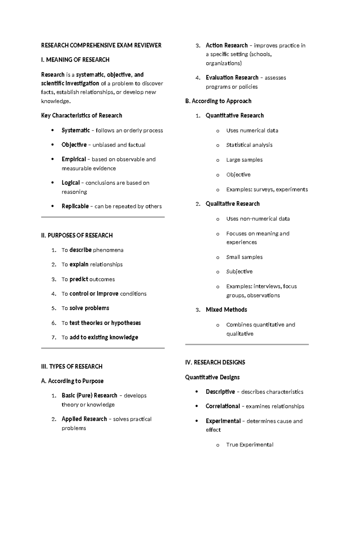 RESEARCH COMPREHENSIVE EXAM REVIEWER: KEY CONCEPTS & DESIGNS - Studocu