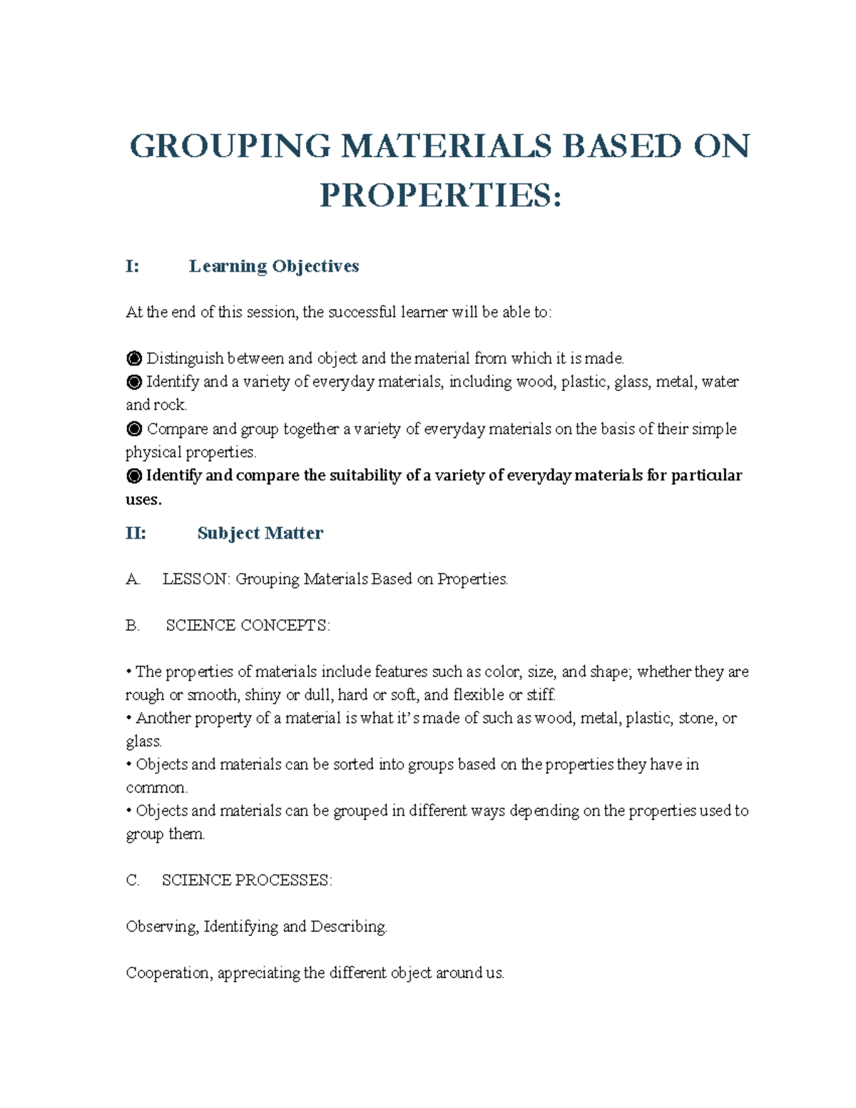 SCIENCE Lesson 4: Grouping Materials by Physical Properties - Studocu