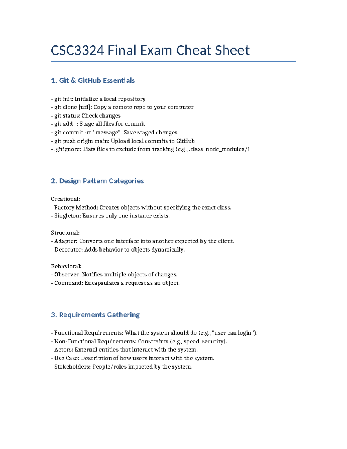 CSC3324 Final Exam Cheat Sheet: Git, Design Patterns & System Modeling - Studocu