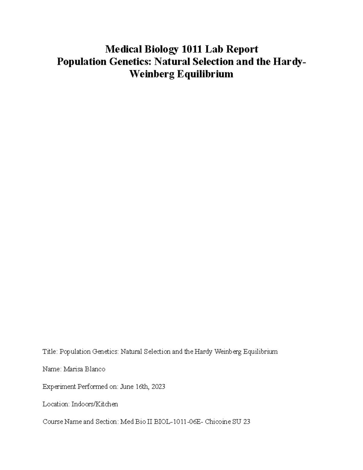 BIOL 1011 Population Genetics Lab Report: Hardy-Weinberg Analysis - Studocu