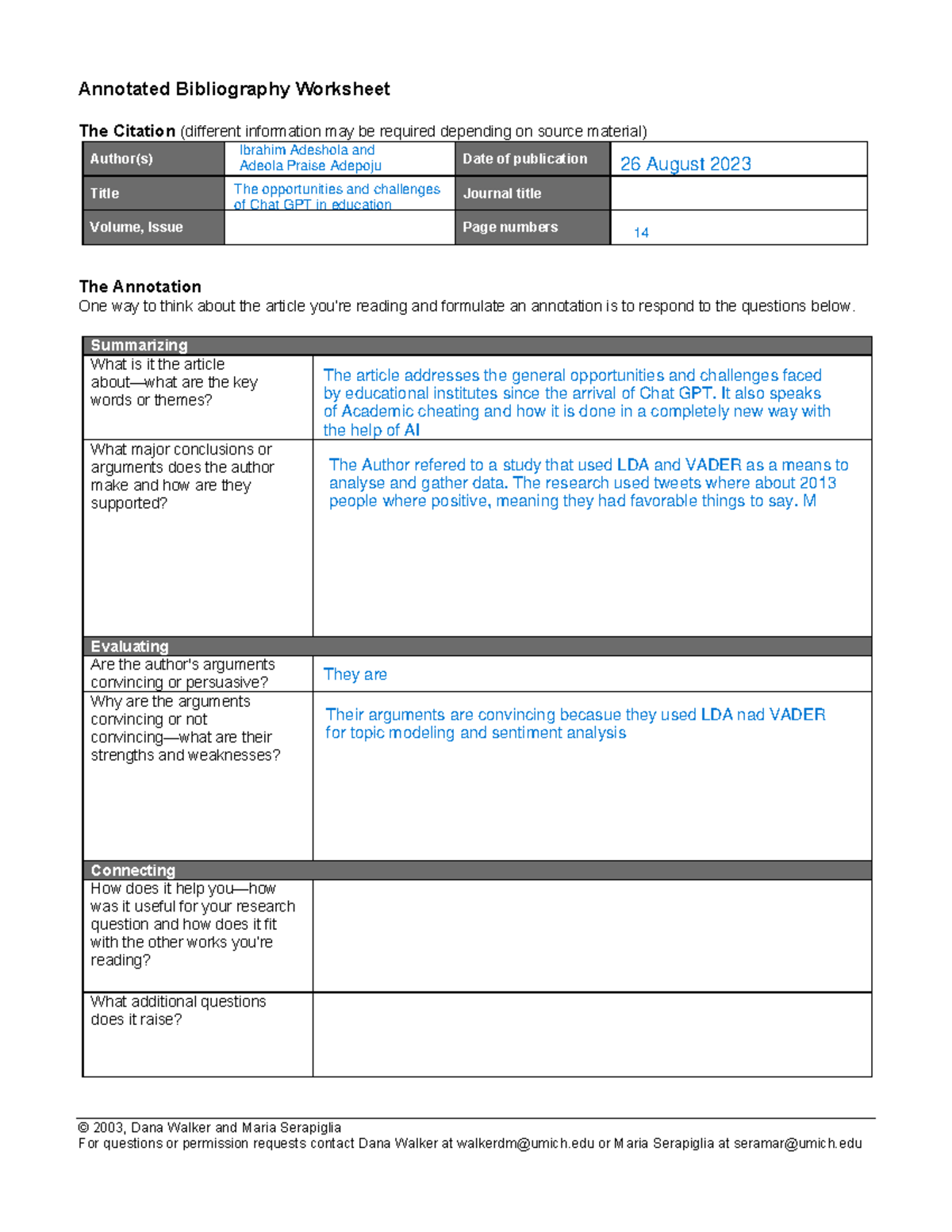 Annotated bib worksheet 1 - Annotated Bibliography Worksheet The ...