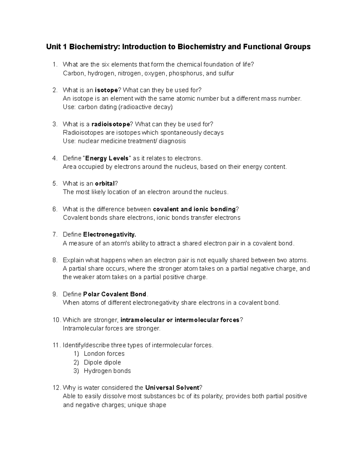 Grade 12 Biology: Intro to Biochemistry & Functional Groups Notes - Studocu