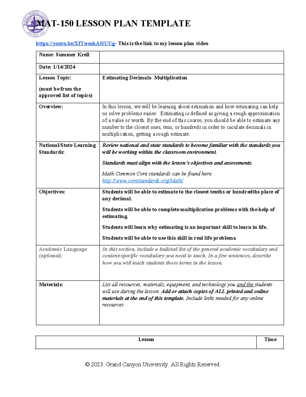 MAT-150 Lesson Plan: Estimating Decimals in Multiplication - Studocu