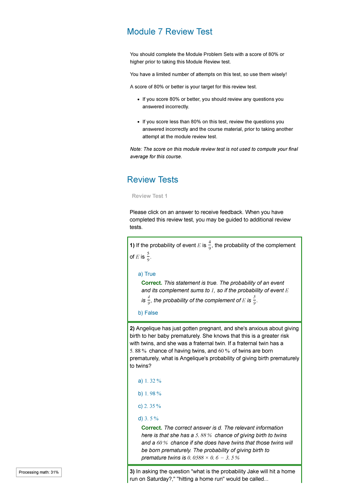 Stats pre assessments and Module review tests - Module 7 Review Test ...