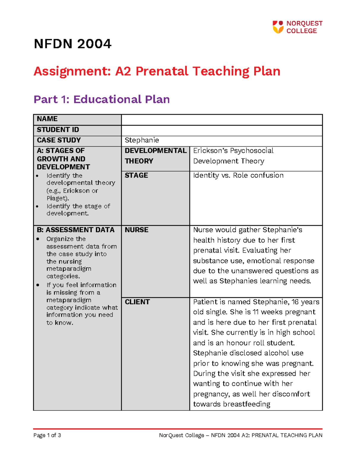 NFDN 2004 A2: Prenatal Teaching Plan for Adolescent Client Stephanie ...