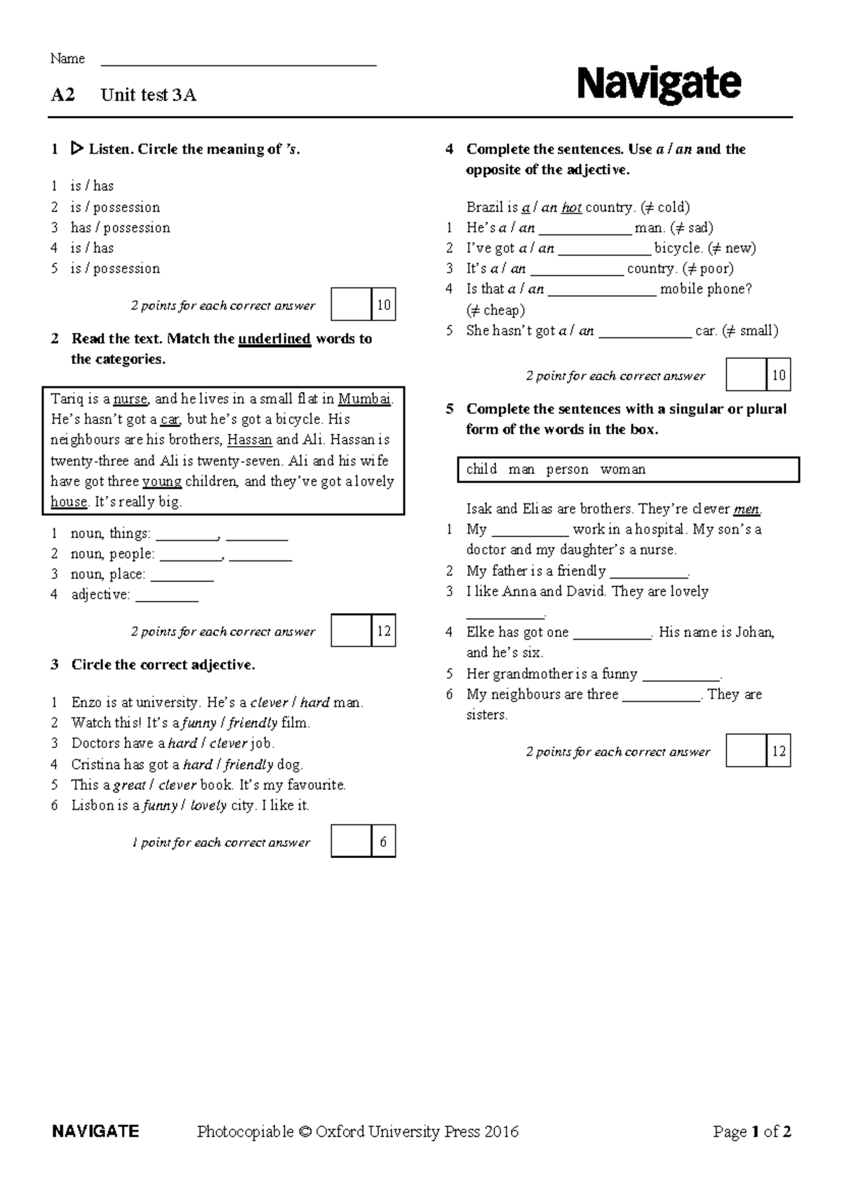 Unit Test 3A - Navigate: Listening and Adjective Exercises - Studocu