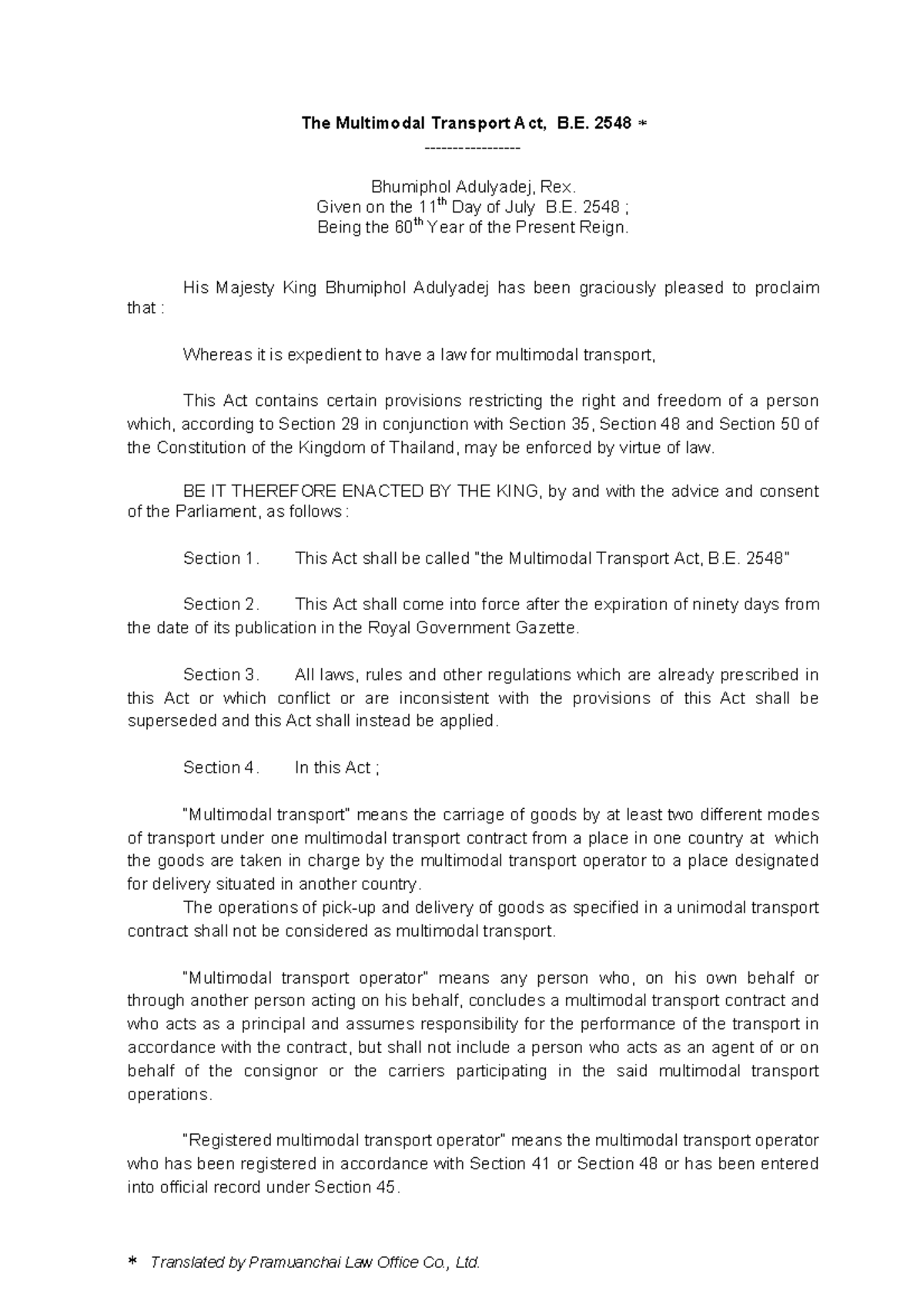Thailand Multimodal Transport Act, B.E. 2548: Key Provisions ...