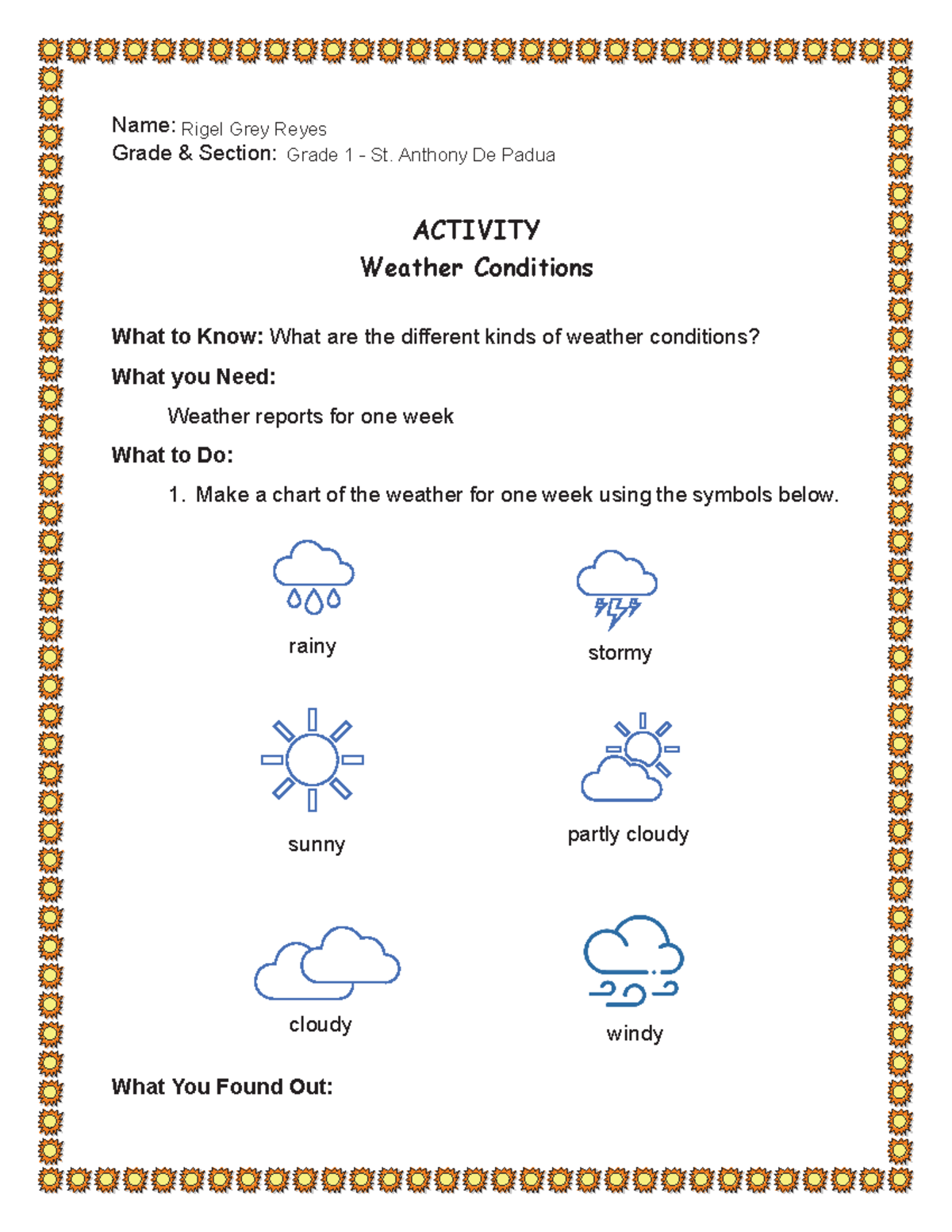 Grade 1 Science Activity: Understanding Weather Conditions - Studocu