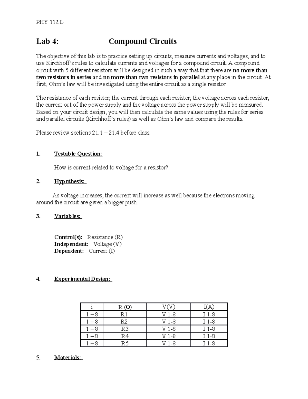 Phy112l - lab4 compound circuits - Lab 4: Compound Circuits The objective of this lab is to ...
