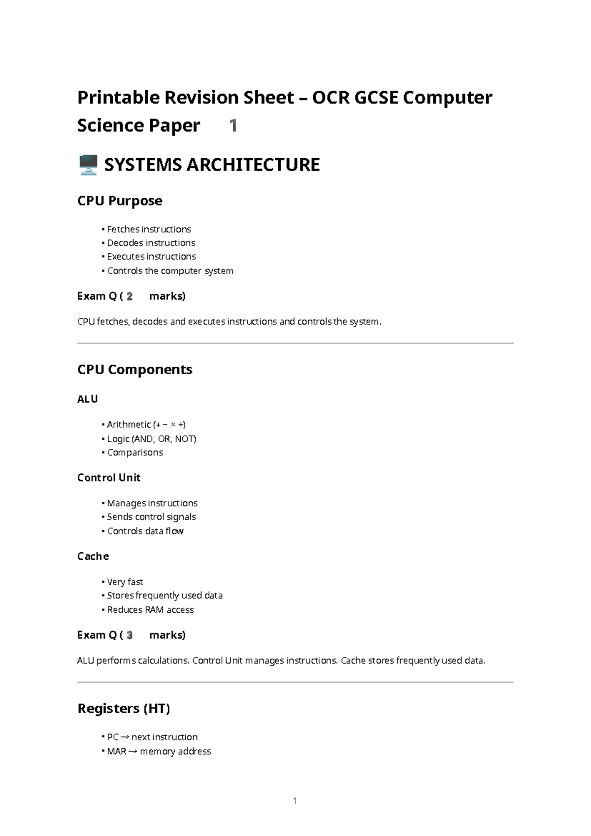 Revision Sheet 2 - OCR GCSE Computer Science Paper 1 Notes - Studocu