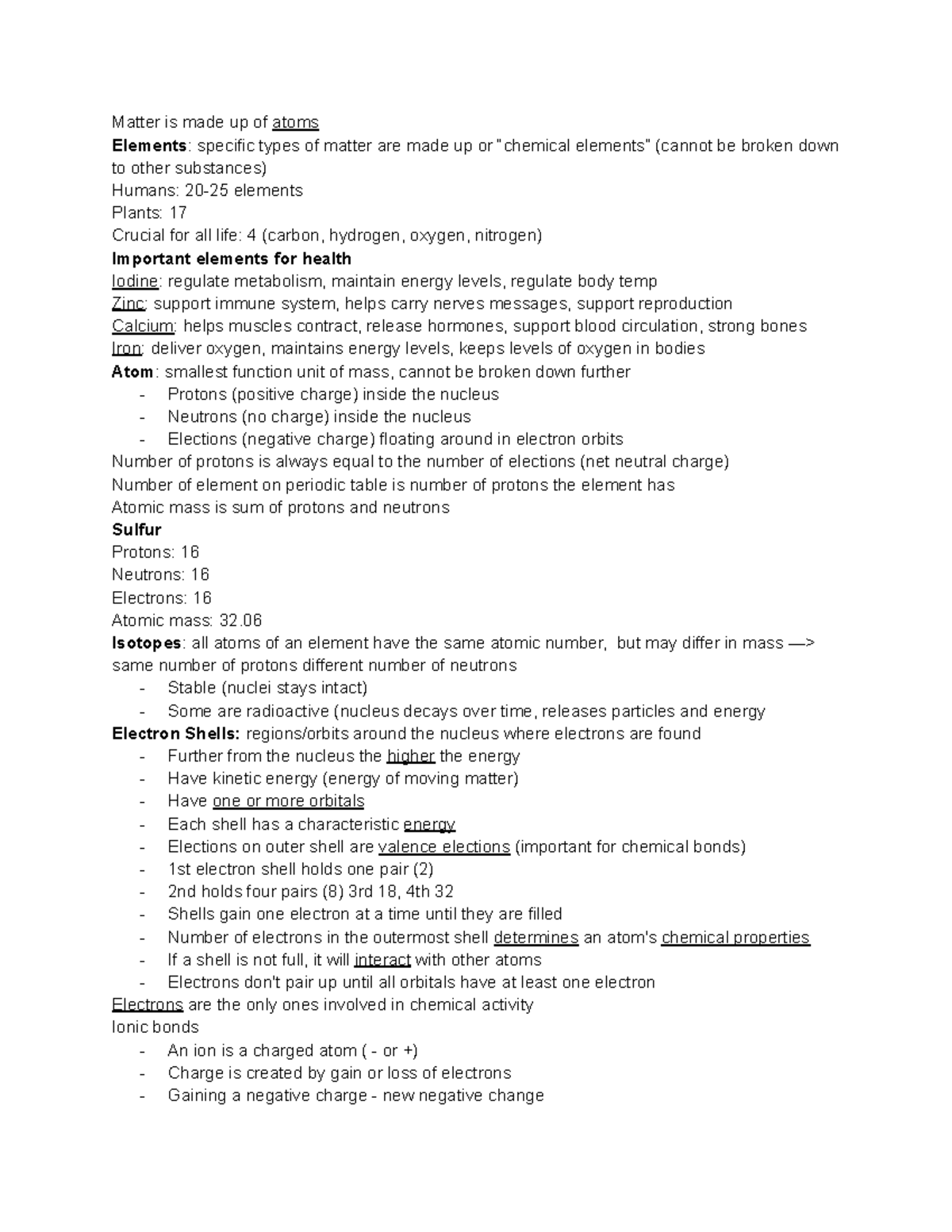 Biology CH2: Properties of Atoms & Water Essential for Life - Studocu