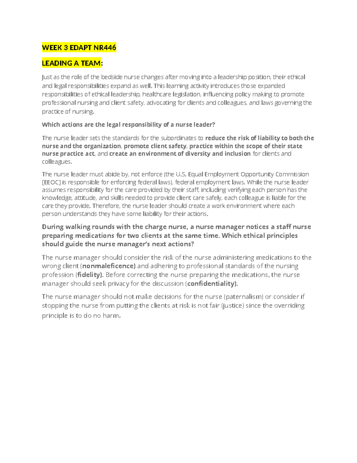 WEEK 3 Edapt NR446 - WEEK 3 EDAPT NR LEADING A TEAM: Just as the role ...