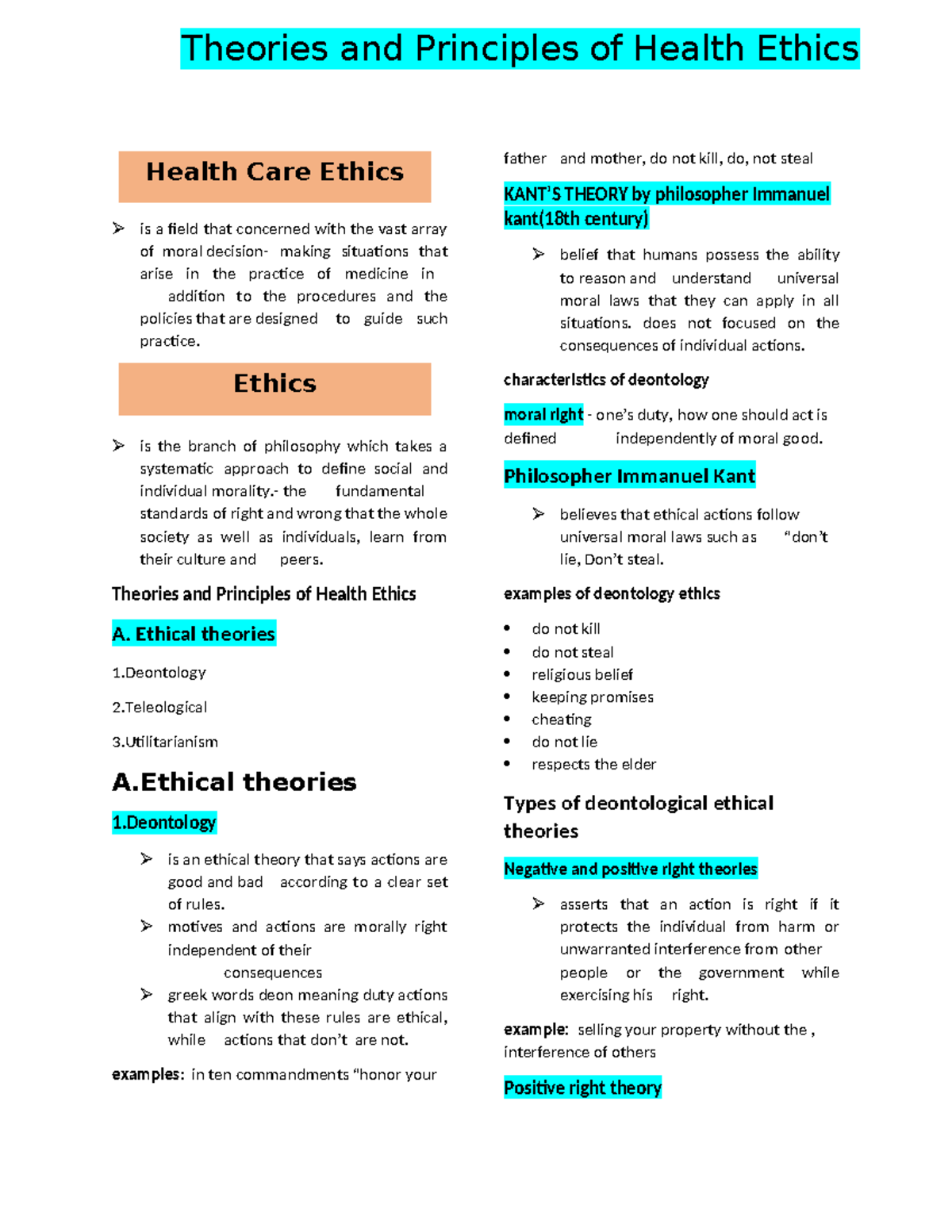 Bioethics Notes: Theories, Principles, and Nursing Ethics (BIE-101 ...