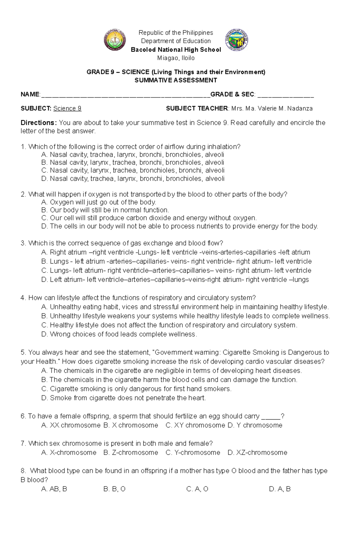 Summative Assessment for Grade 9 Science: Living Things and Environment ...