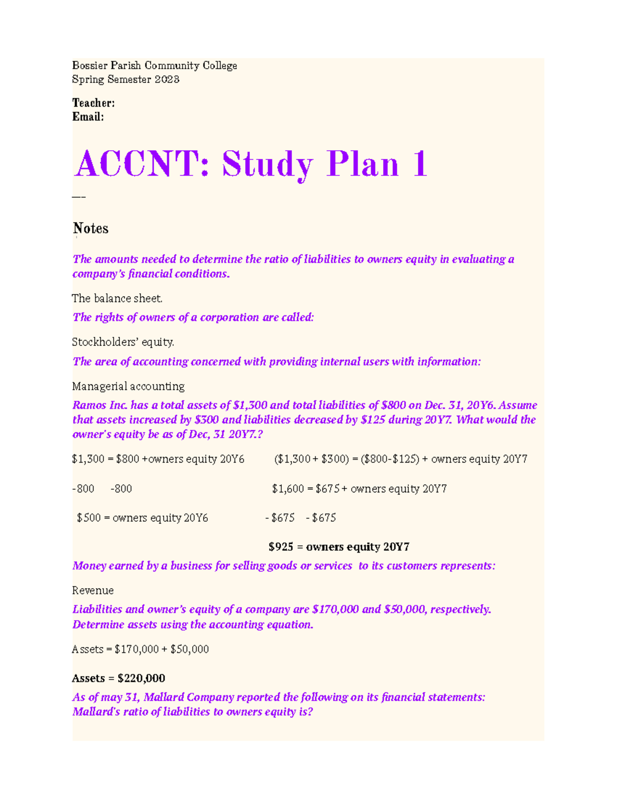 ACCT: Study Plan 1 for Spring Semester 2023 - Key Concepts - Studocu
