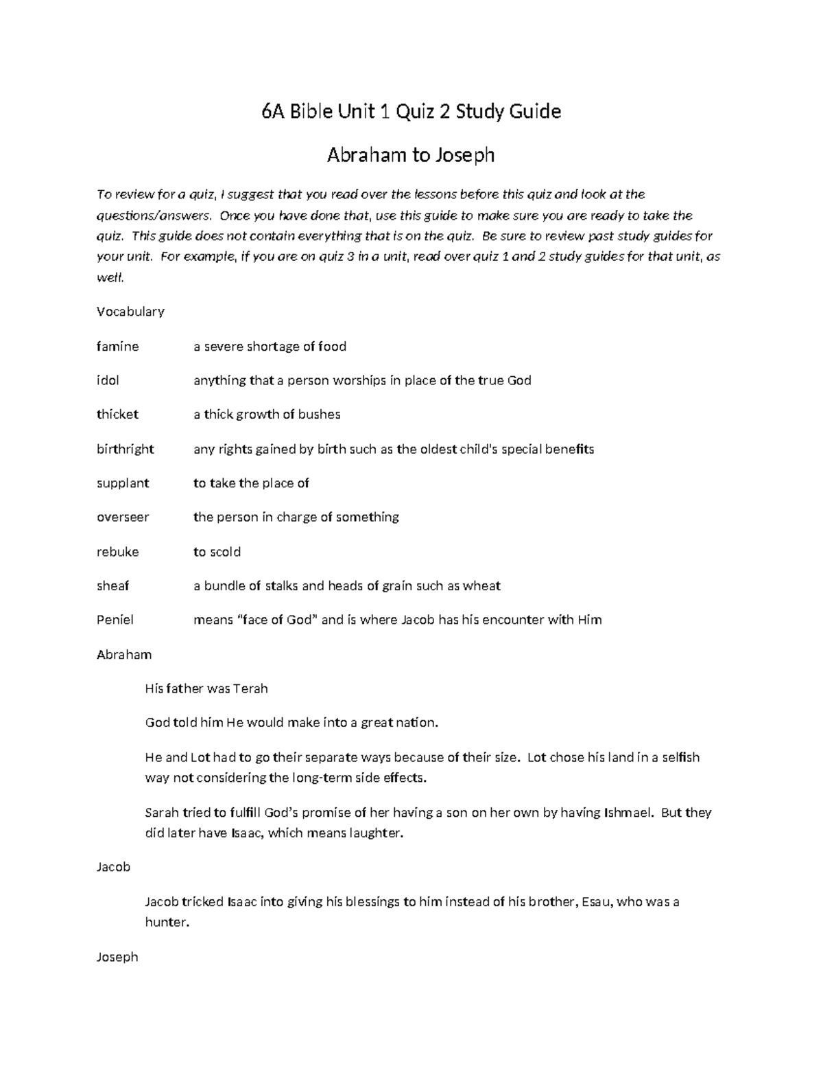 Bible 6A Unit 1 Quiz 2 Study Guide: Abraham to Joseph Review - Studocu