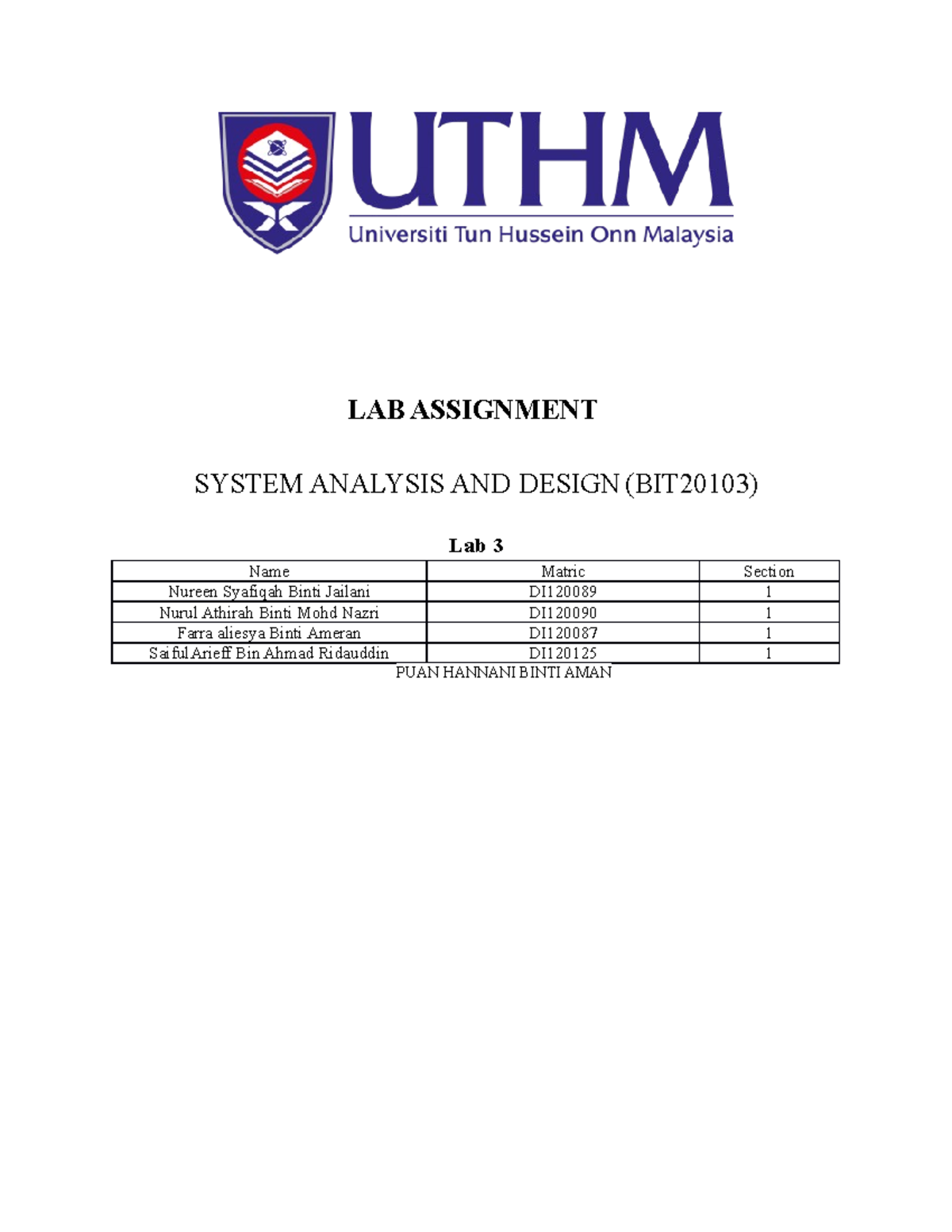 SAD LAB 3 - lab3 - LAB ASSIGNMENT SYSTEM ANALYSIS AND DESIGN (BIT20103) Lab 3 Name Matric ...