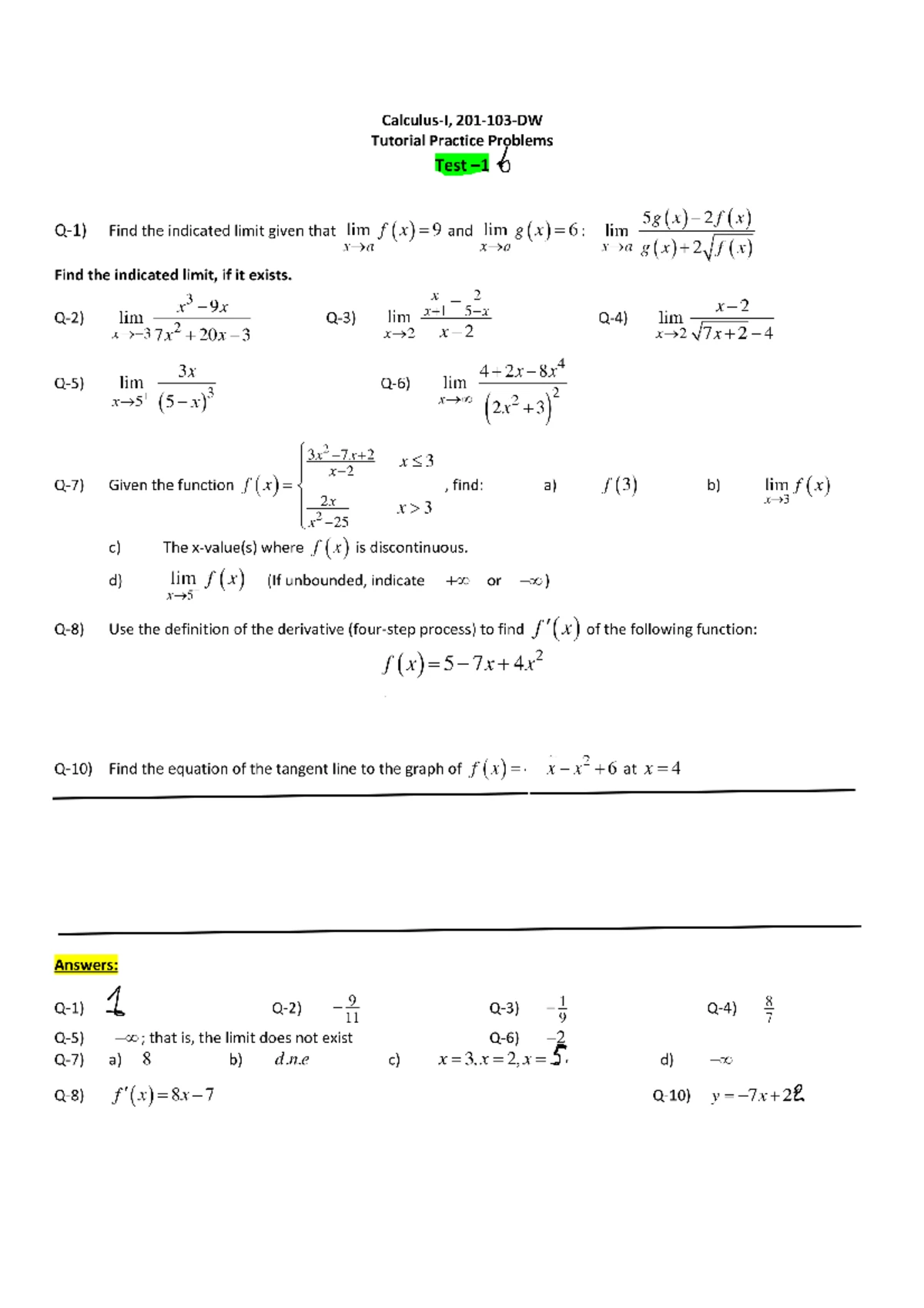 Final Exam Practice: Calculus I (201-103-DW) Fall 2019 - Studocu