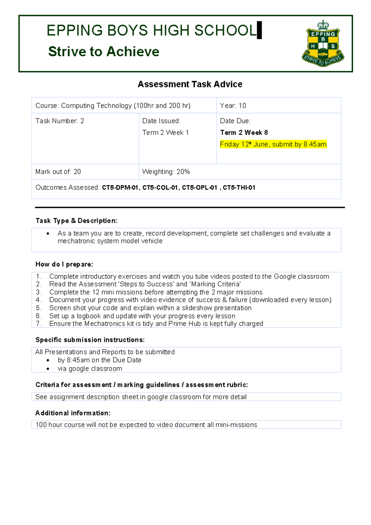 2026 10CT Task 2: Mechatronics System Model Vehicle Guide - Studocu