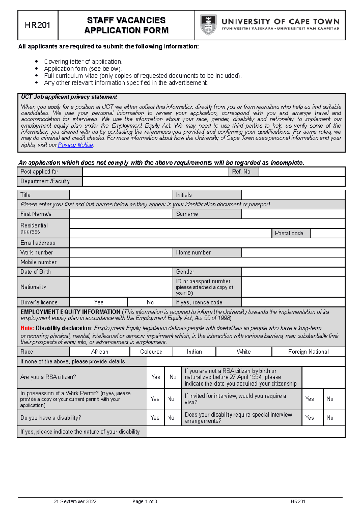 HR201 Application Form & Guidelines for UCT Job Vacancies - Studocu