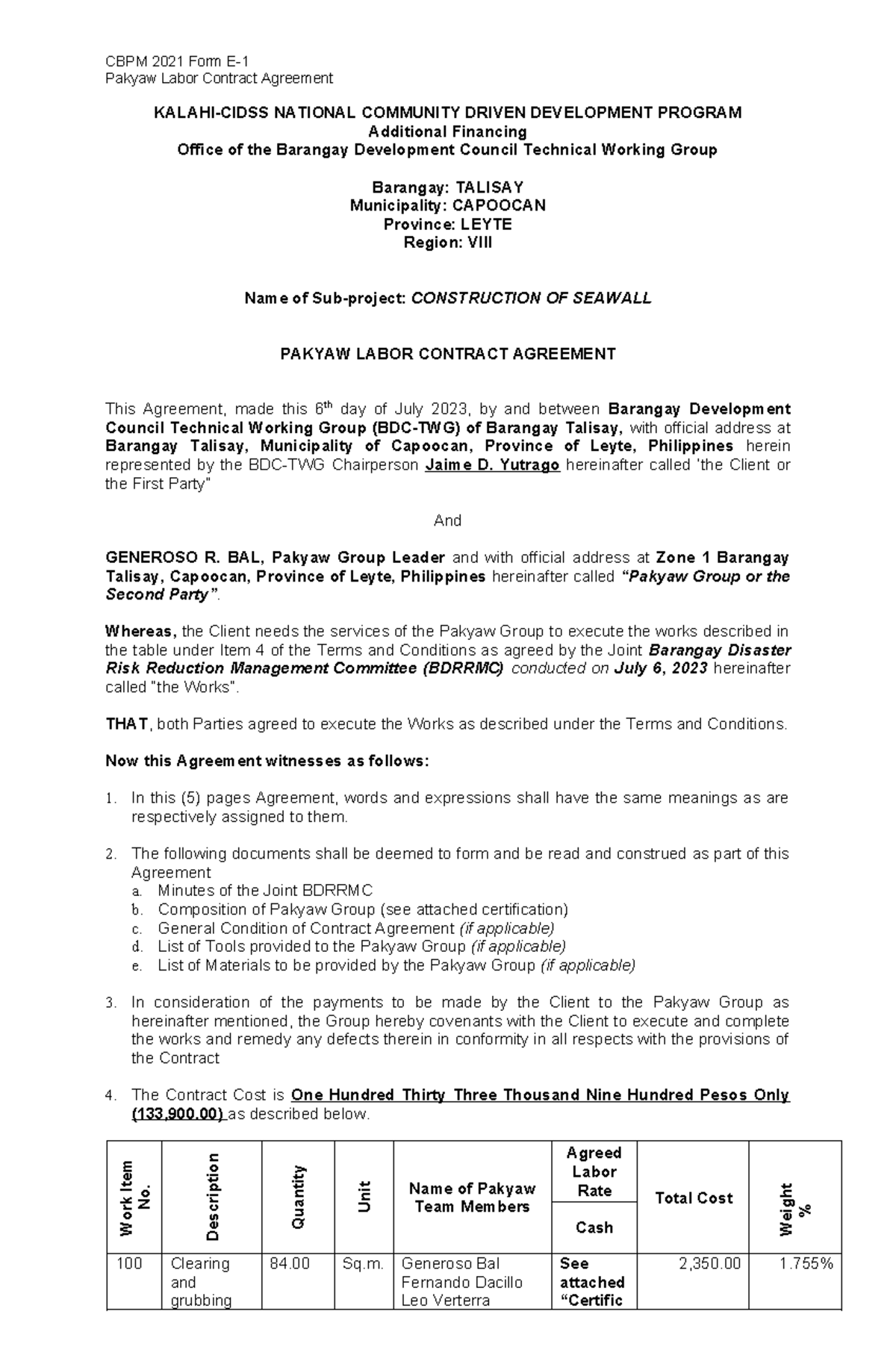 CBPM 2021 Pakyaw Labor Contract Agreement for Talisay Seawall Project ...